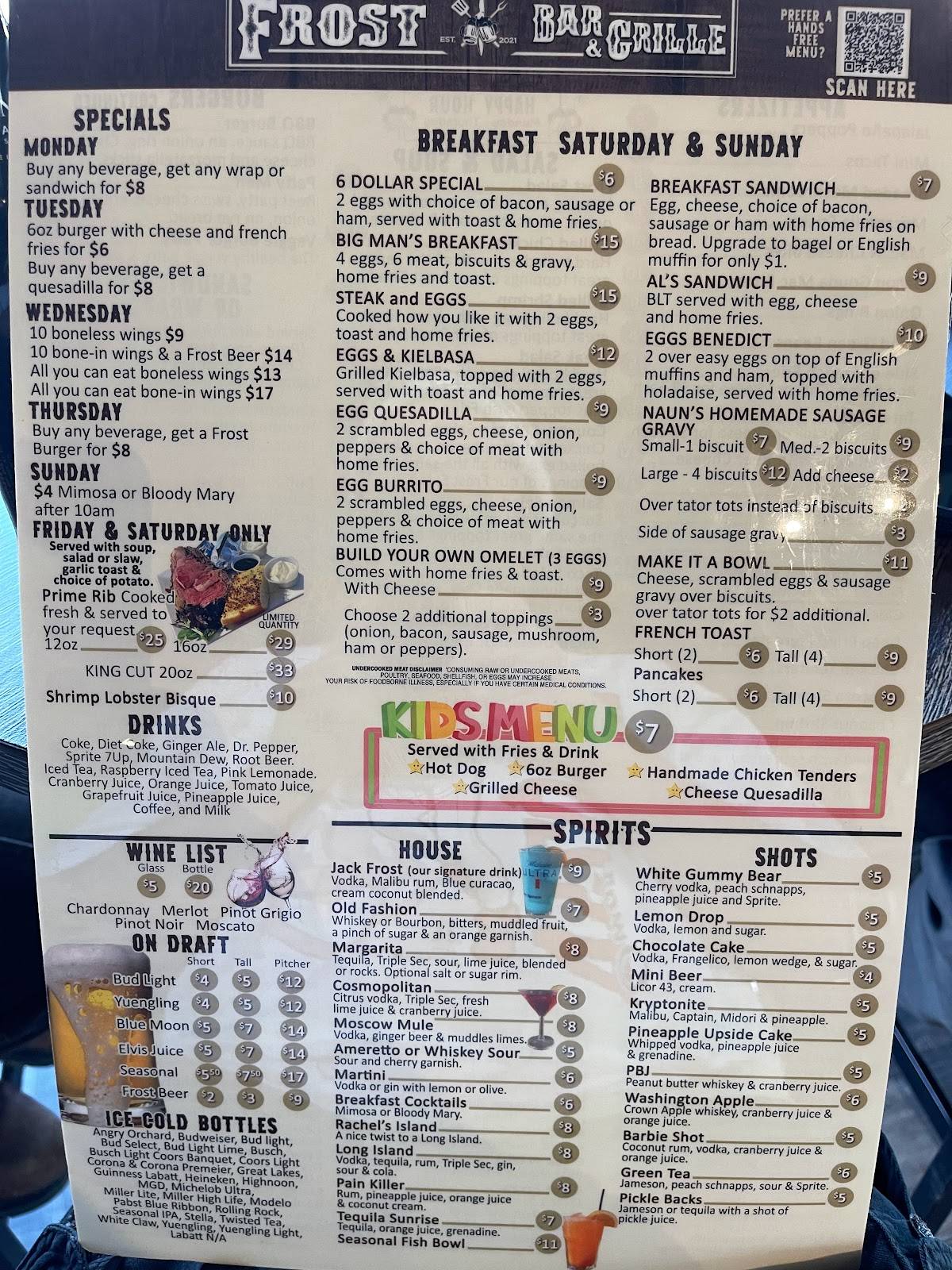 Menu at FROST BAR N Grille, Middlefield