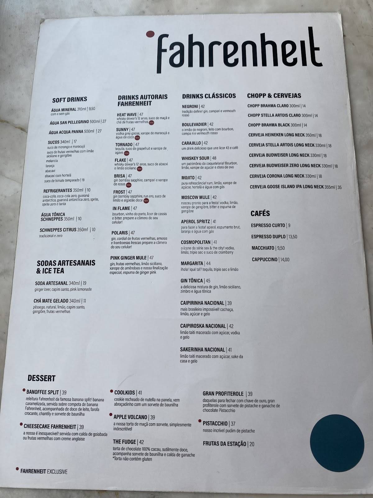 Menu em Fahrenheit JK Iguatemi restaurante, São Paulo