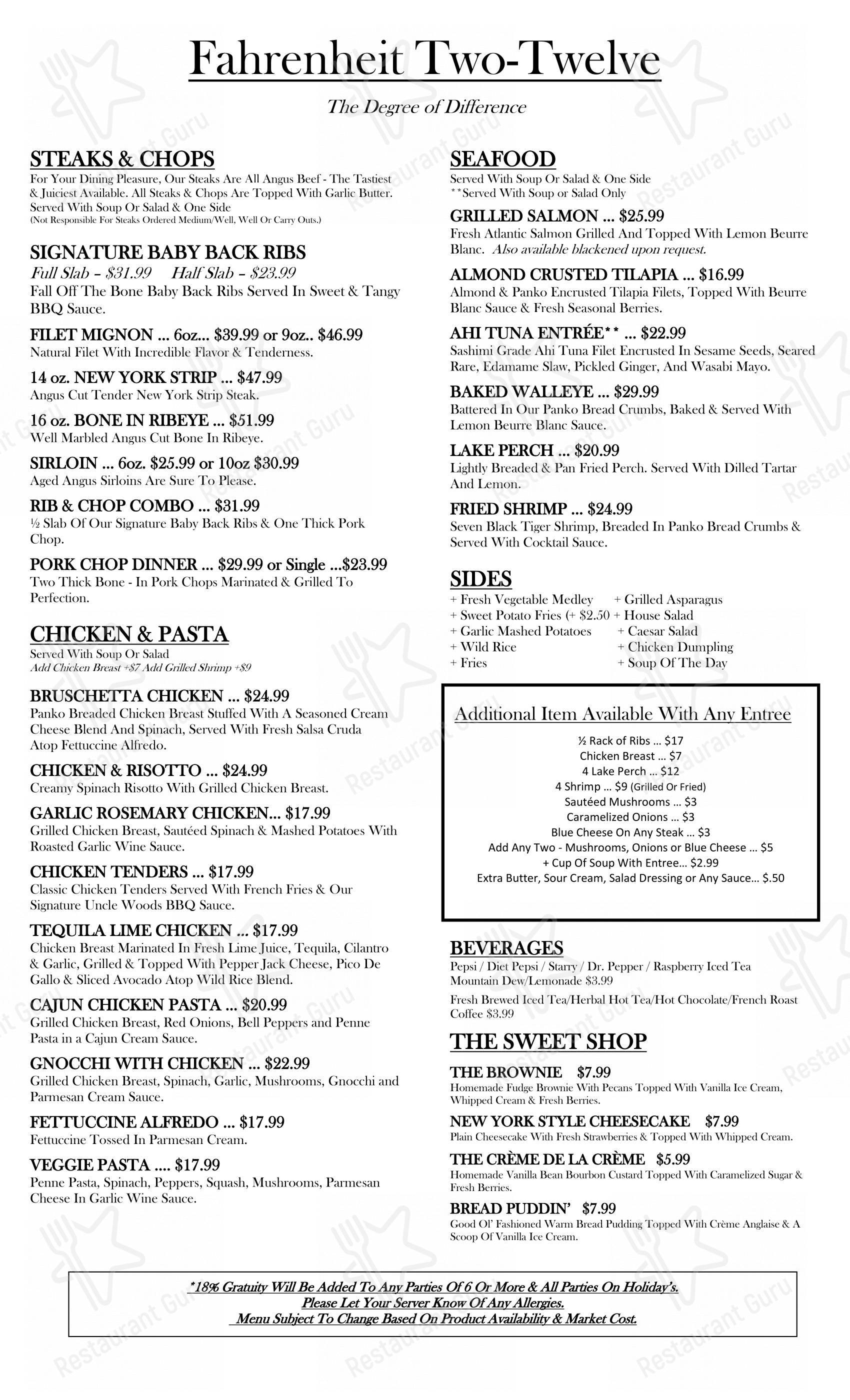 Menu at Fahrenheit Two Twelve BBQ, Crown Point
