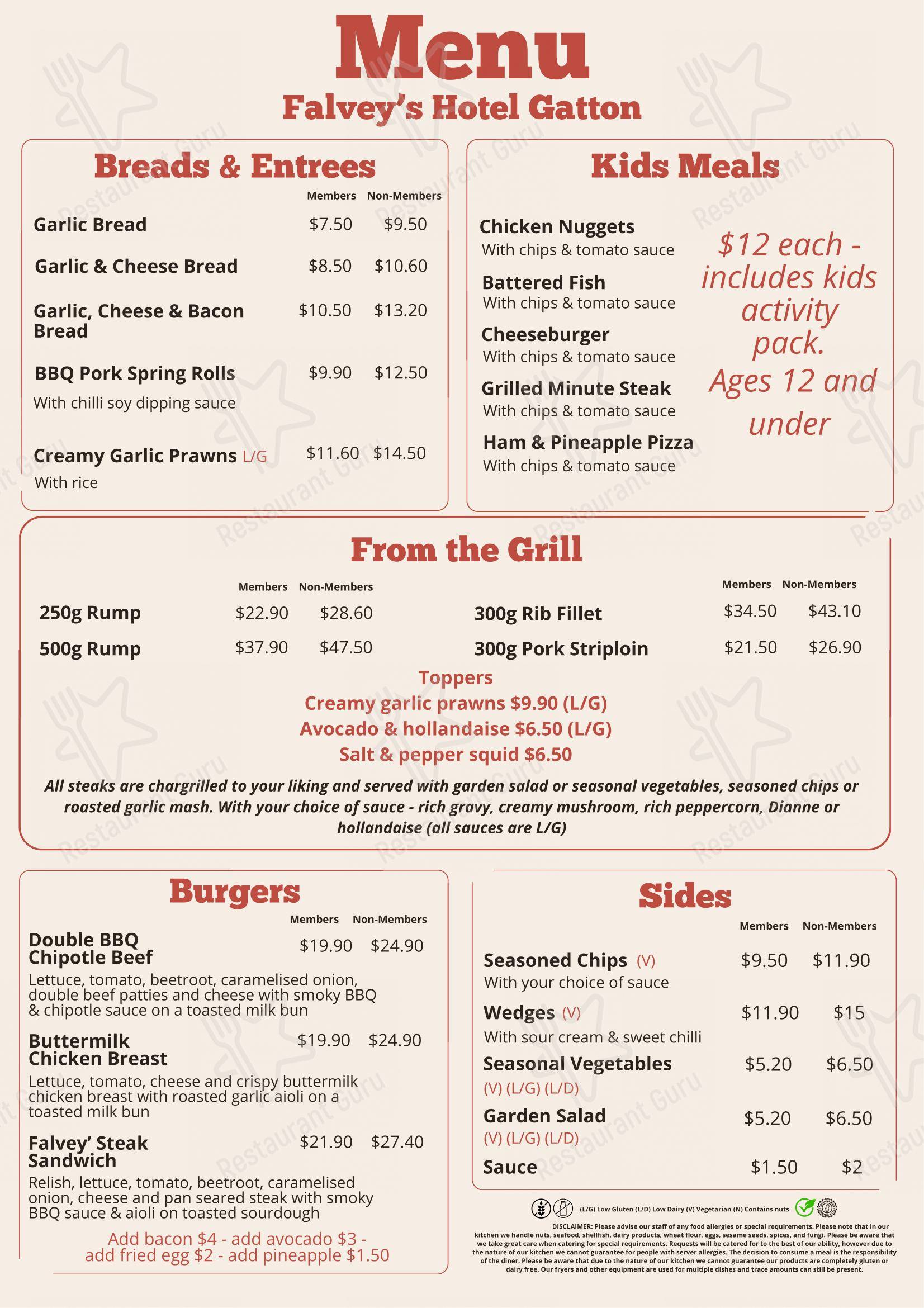 Menu at Falvey's Hotel Gatton restaurant, Gatton