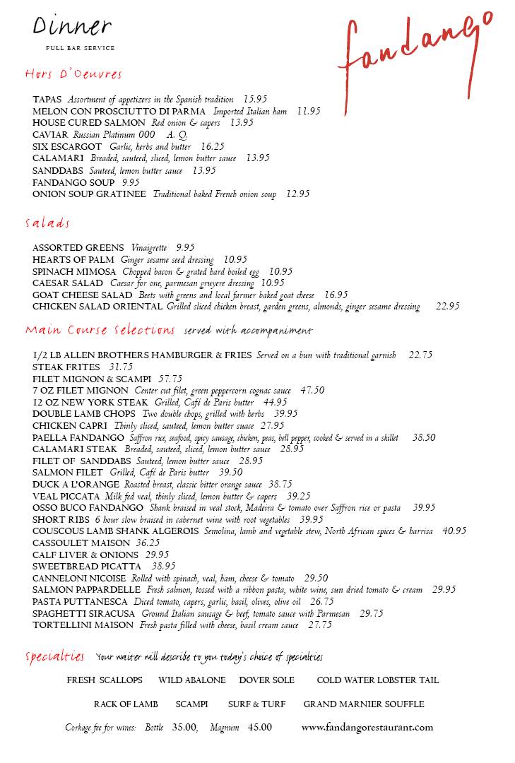 Menu at Fandango Restaurant, Pacific Grove