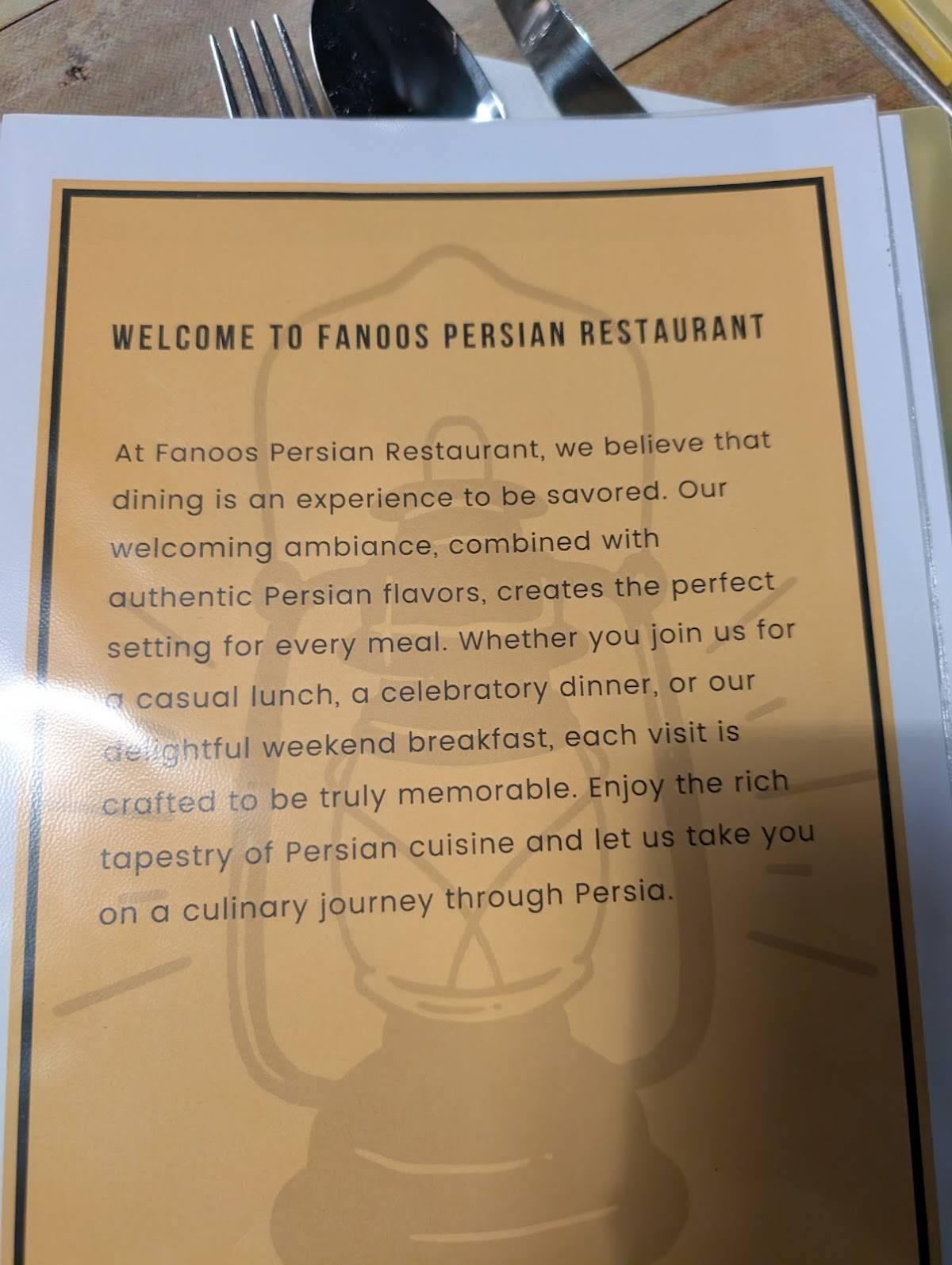 Menu at Fanoos Persian restaurant, Haberfield