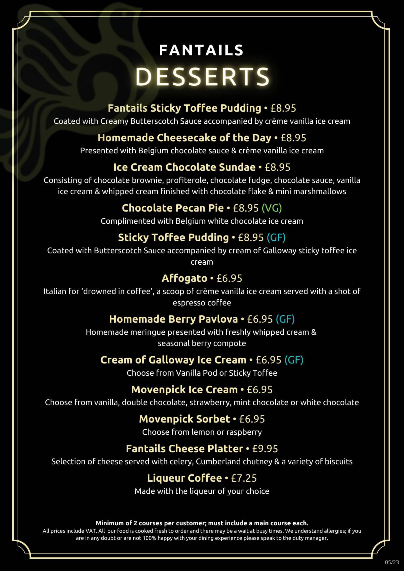 Menu at Fantails restaurant, Carlisle