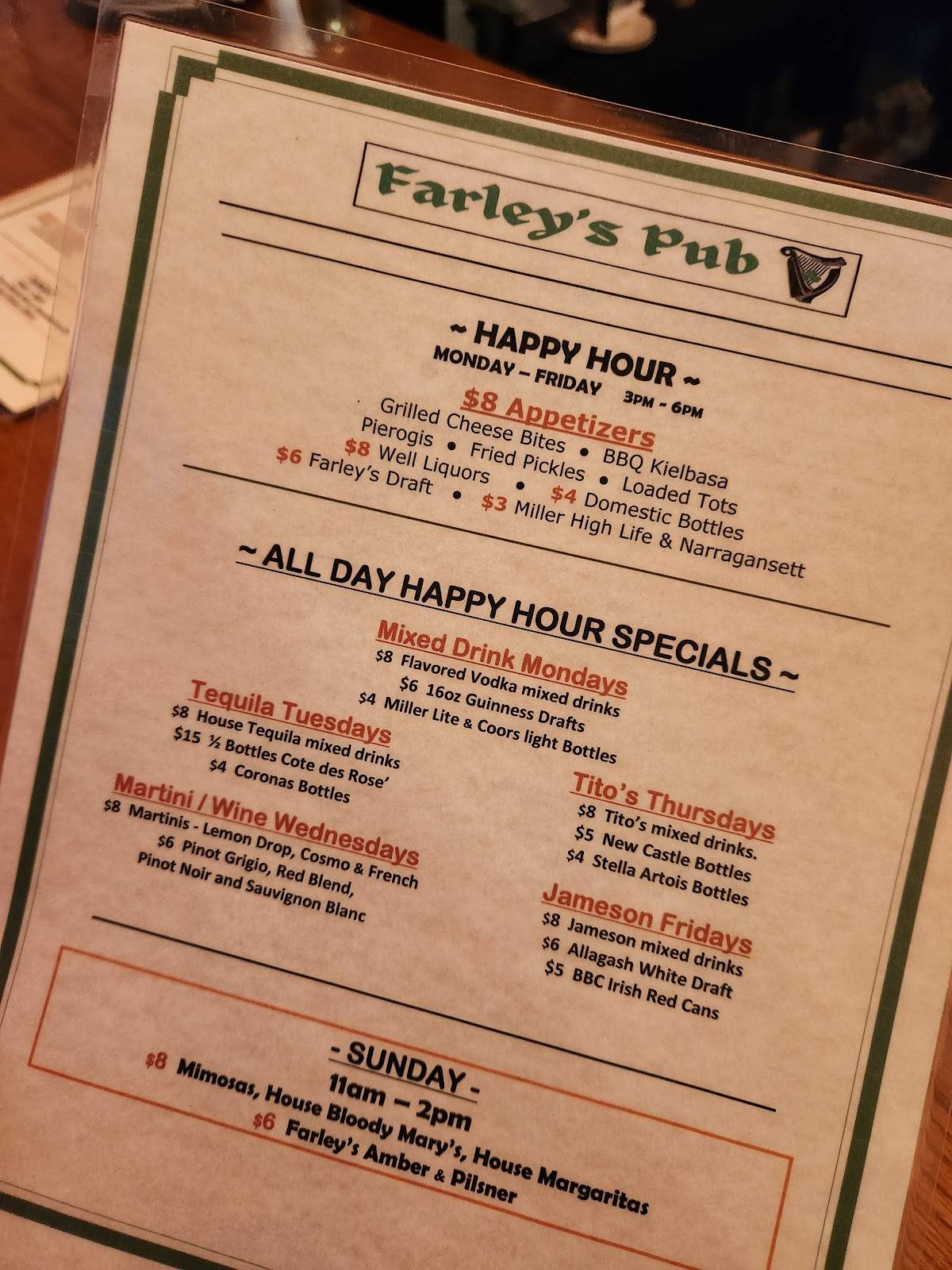 Menu at Farley's Pub, Simsbury