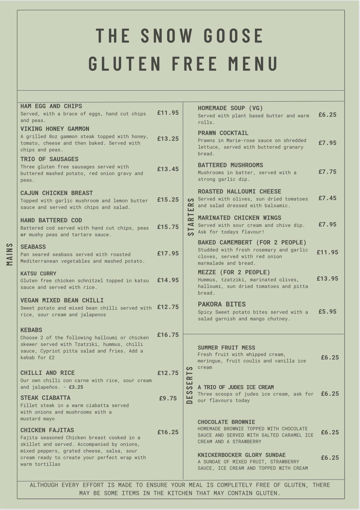 Menu at The Snow Goose pub & bar, Farnborough