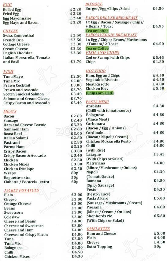 Menu at Faro cafe, London