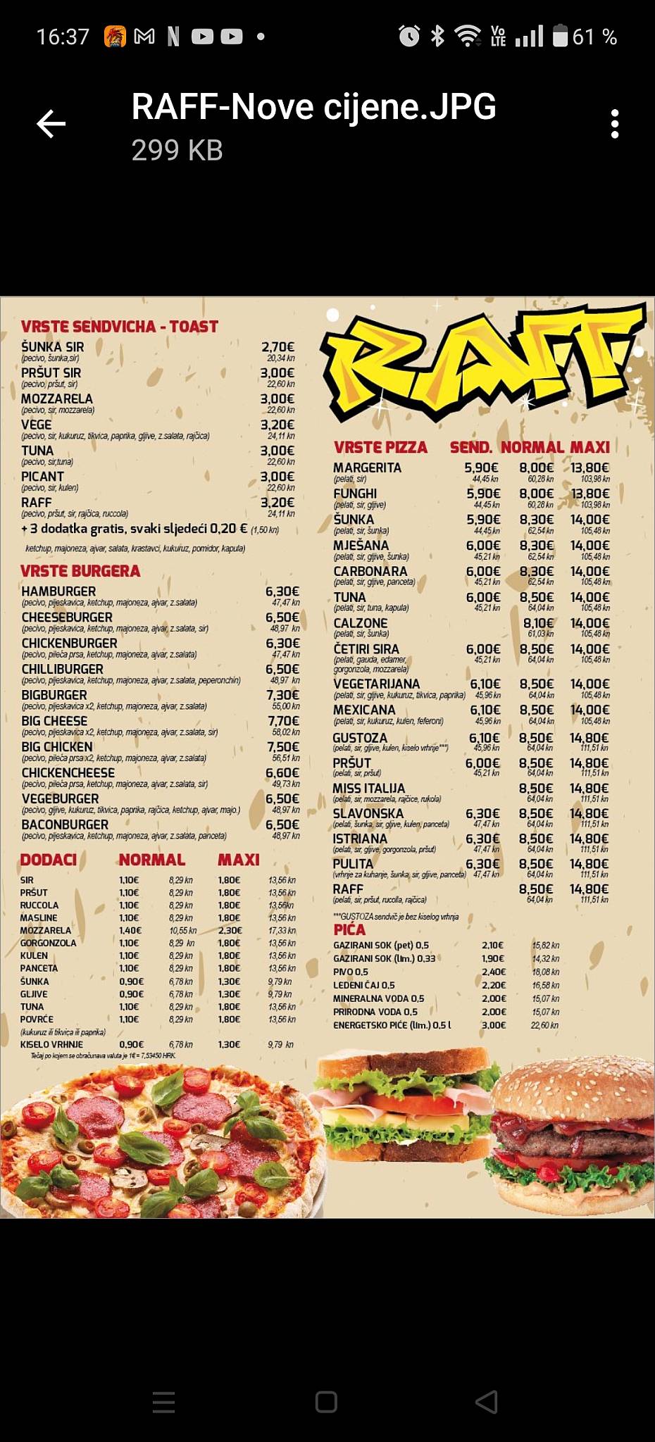 Menu at Fast Food Raff, Rijeka