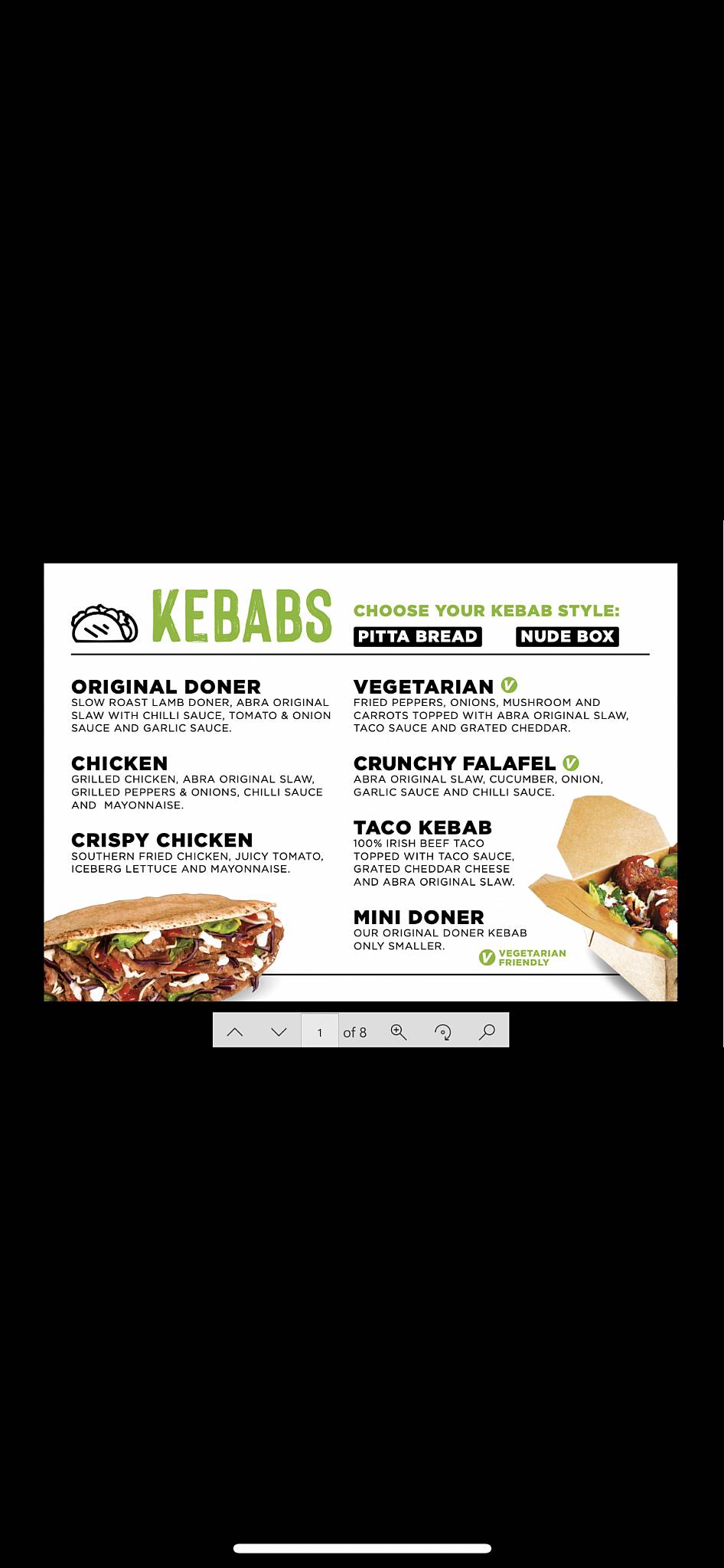 Menu at Abrakebabra fast food, Carlow