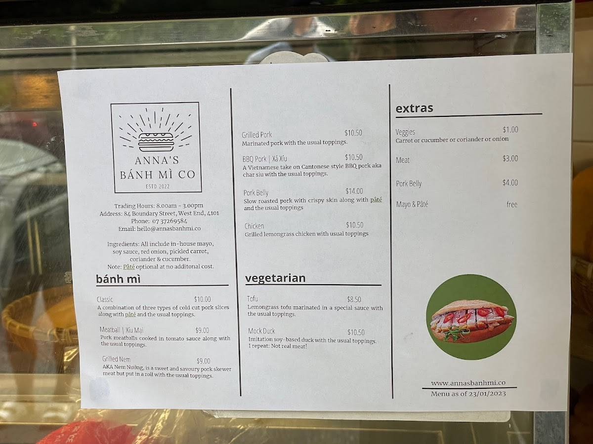 Menu at Anna's Banh Mi Co fast food, West End