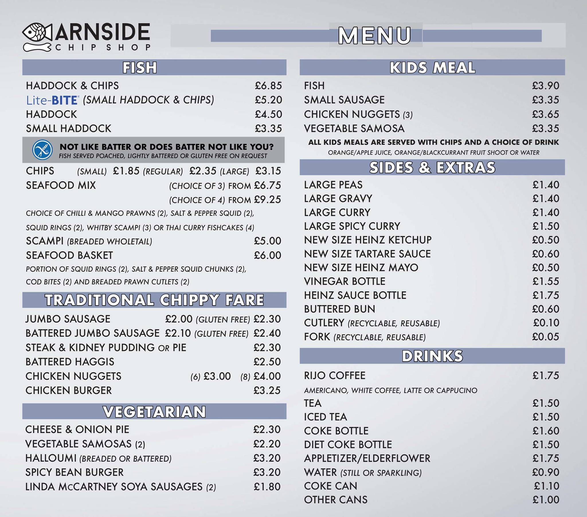 Menu at Arnside Chip Shop fast food, Arnside, 1 The Promenade