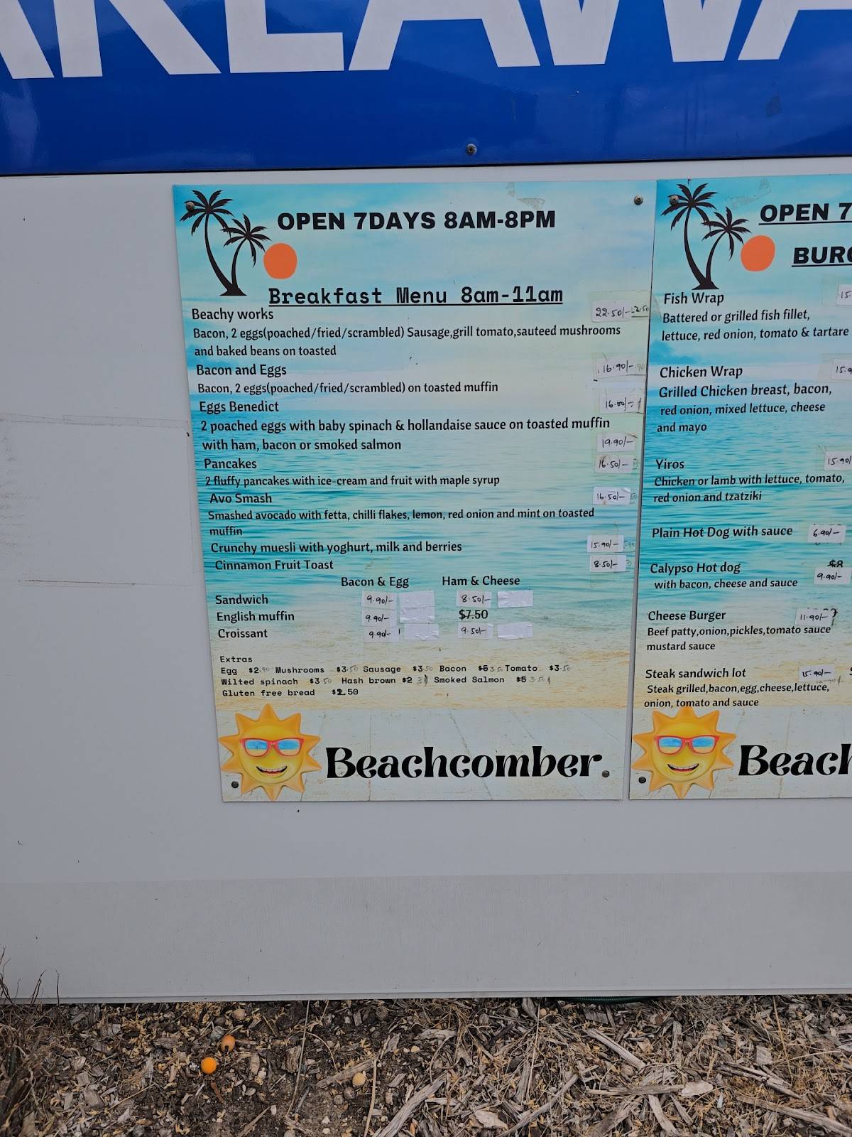 Menu at Beachcomber fast food, Coffin Bay