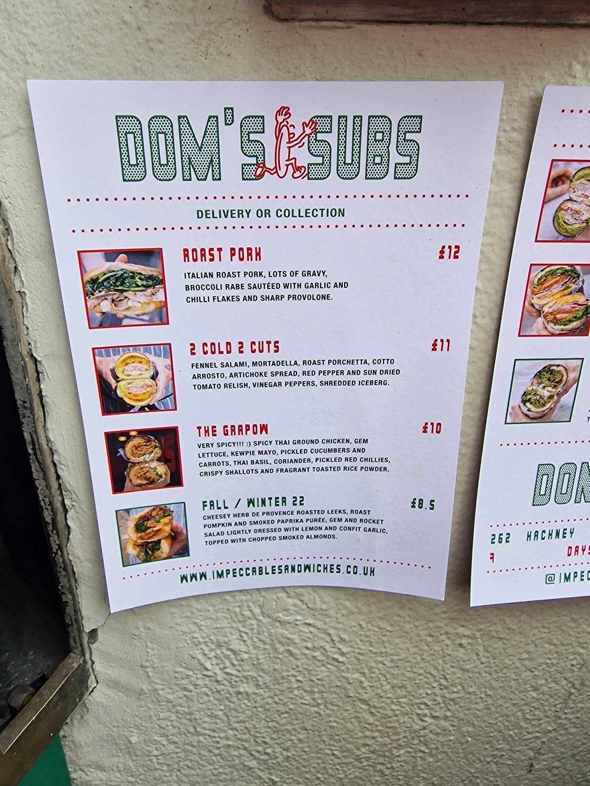 Menu at Dom's Subs restaurant, London, 262 Hackney Rd