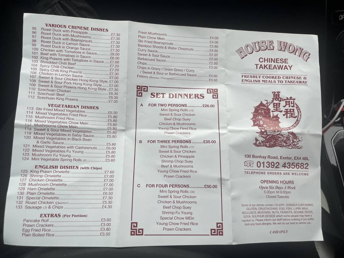 Menu at House Wong Chinese Takeaway fast food, Exeter