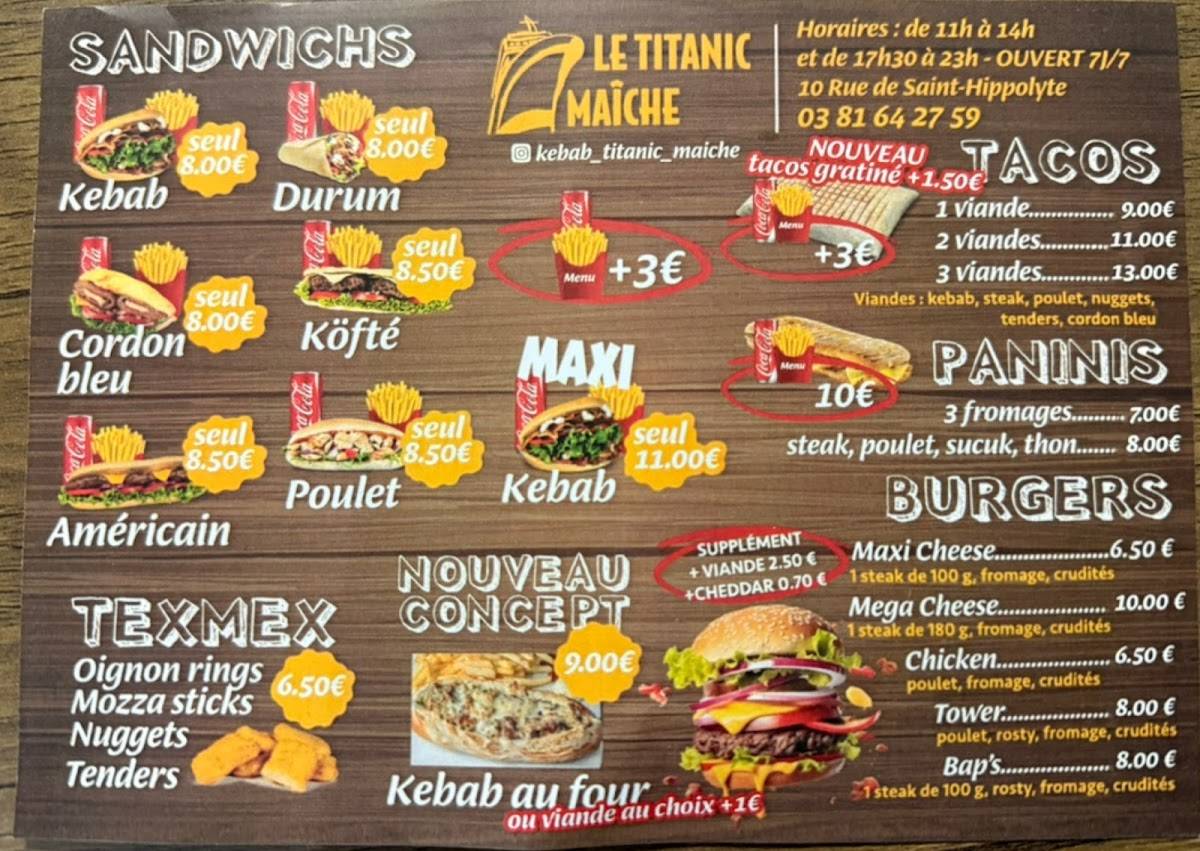 Menu at KEBAB TITANIC fast food, Maîche