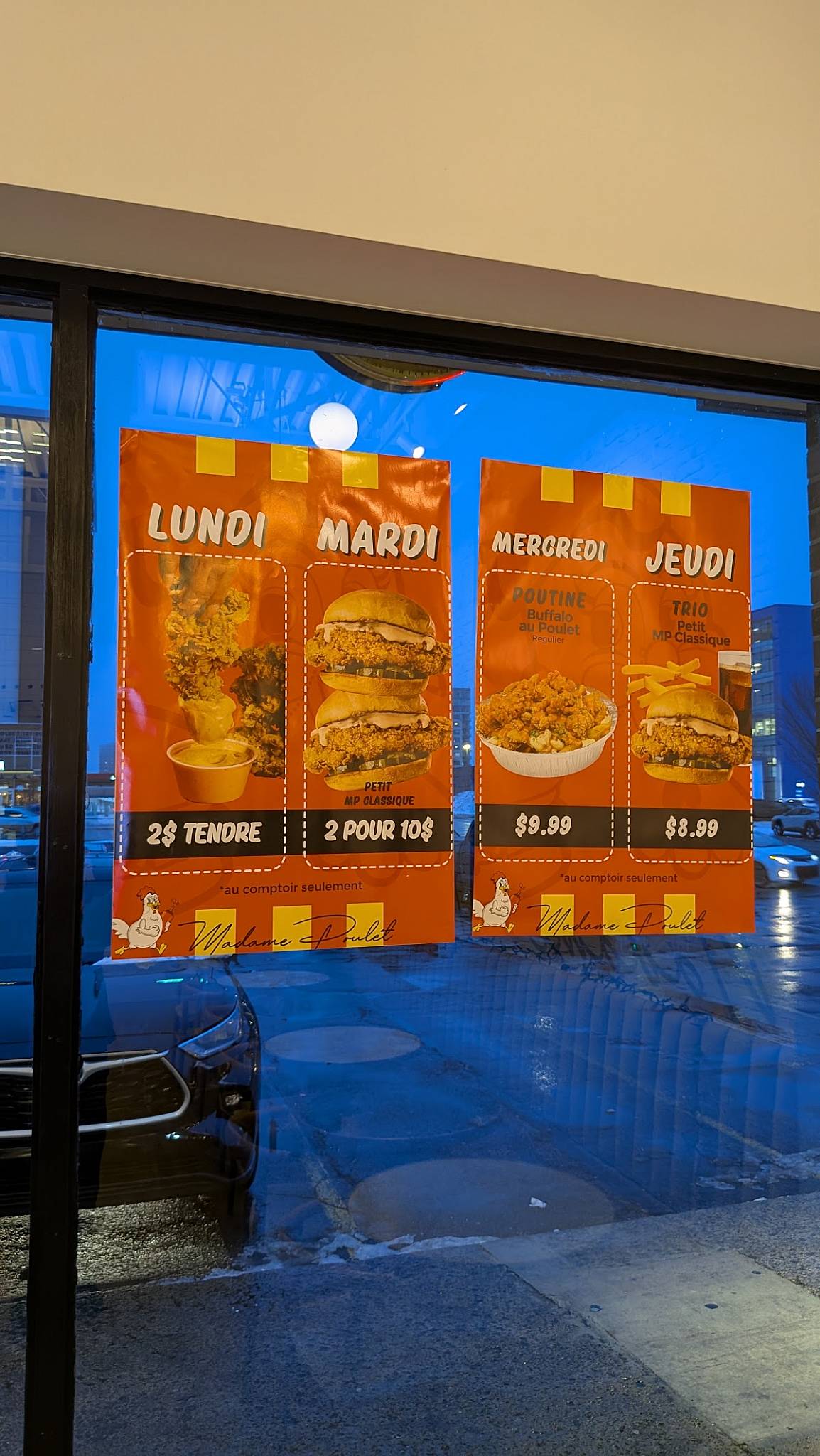 Menu au Madame Poulet fast food, Laval