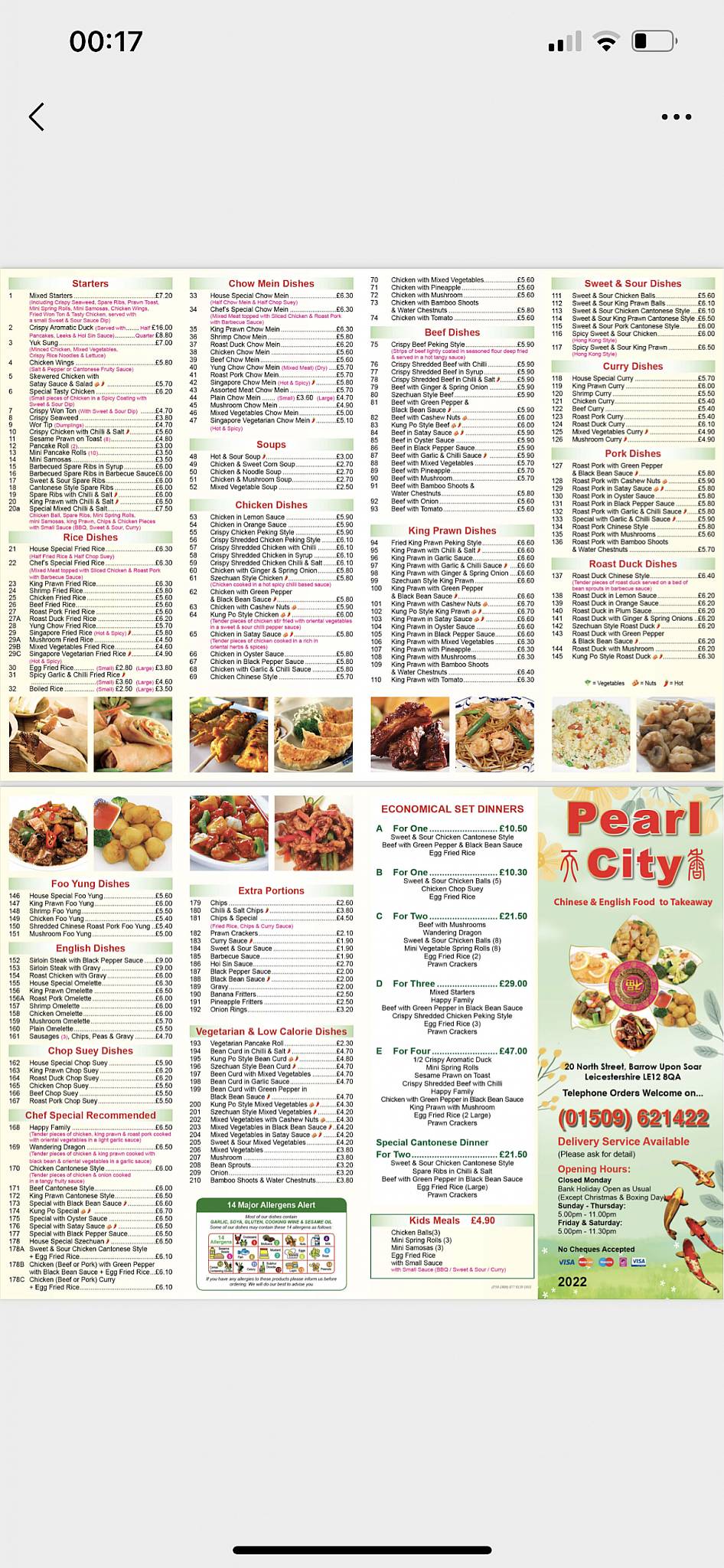 Menu at Pearl City fast food, Loughborough