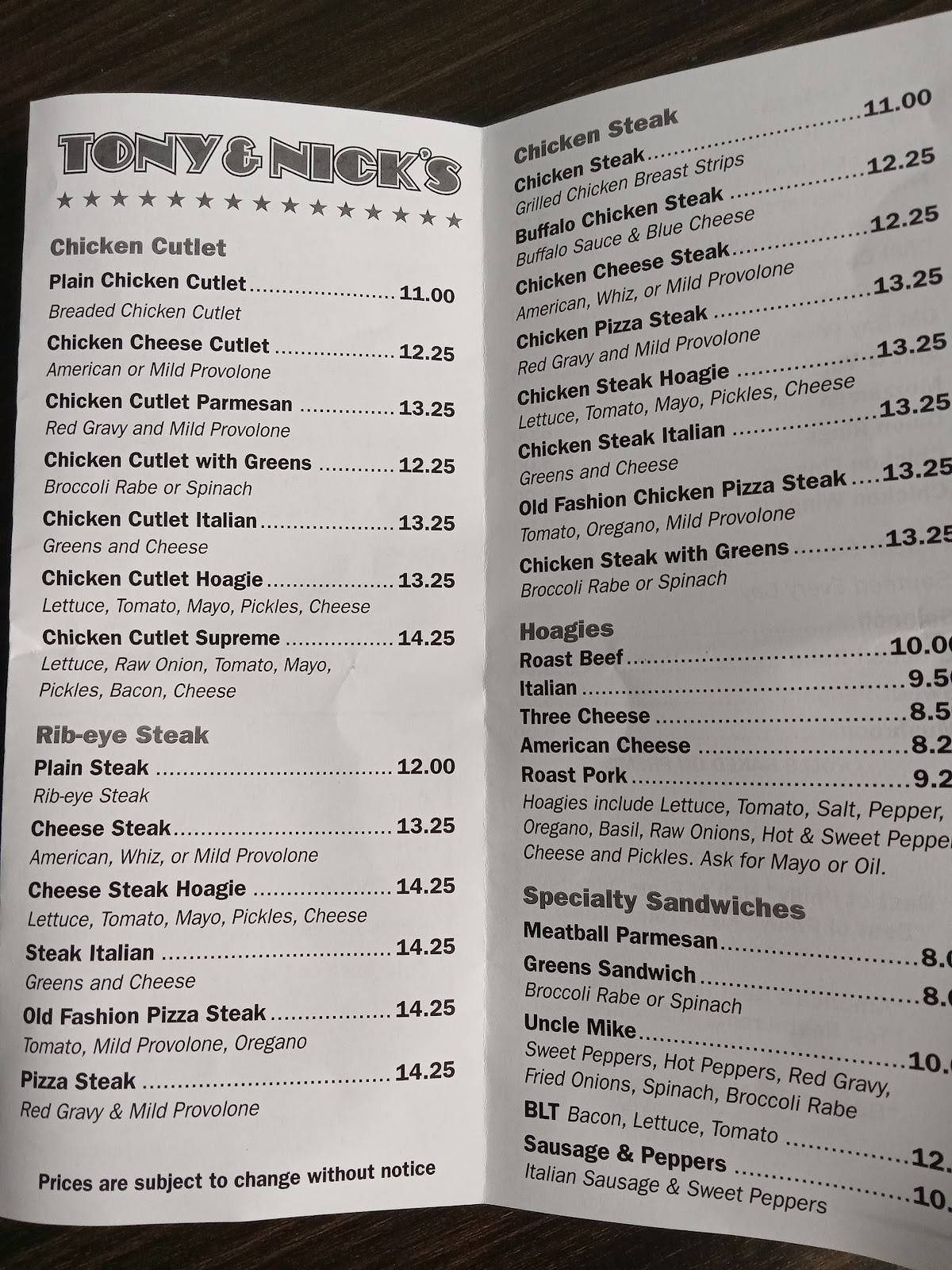 Menu at Tony and Nick's Steaks fast food, Philadelphia, 39 E Oregon Ave
