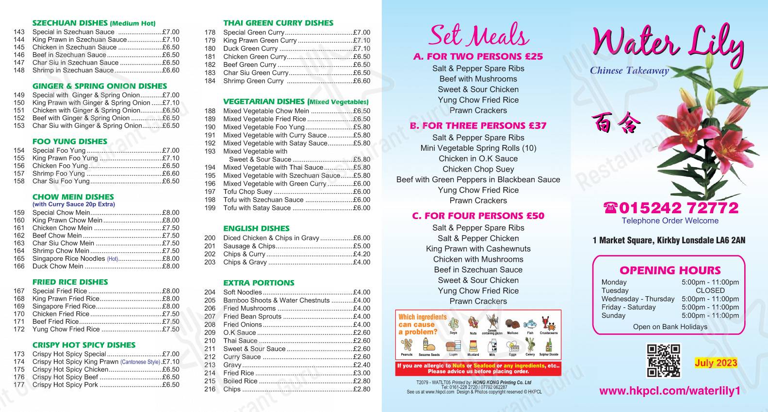 Menu at Water Lily fast food, Kirkby Lonsdale