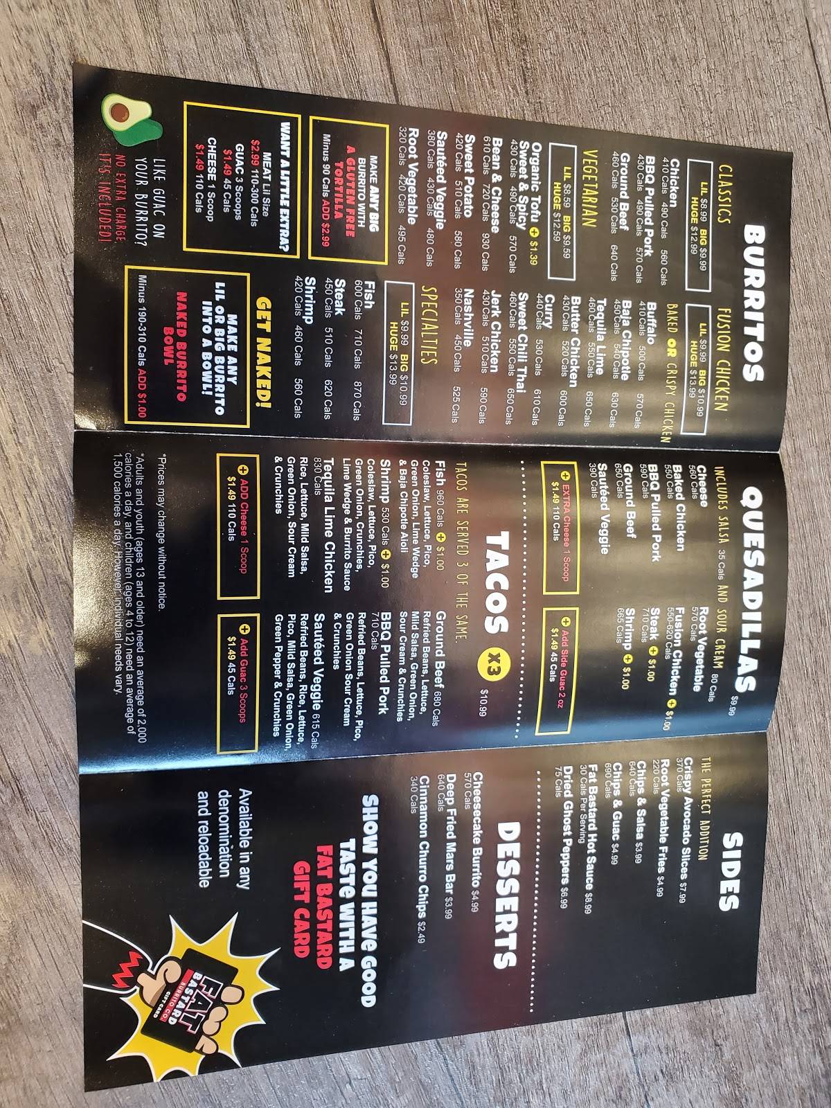 Menu at Fat Bastard Burrito Co. restaurant, Smiths Falls