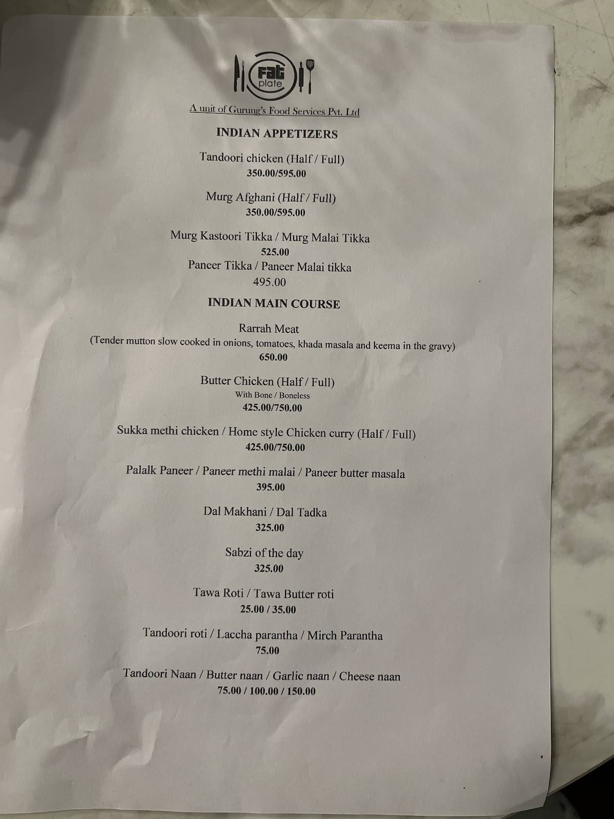 Menu at Fat Plate, Manali