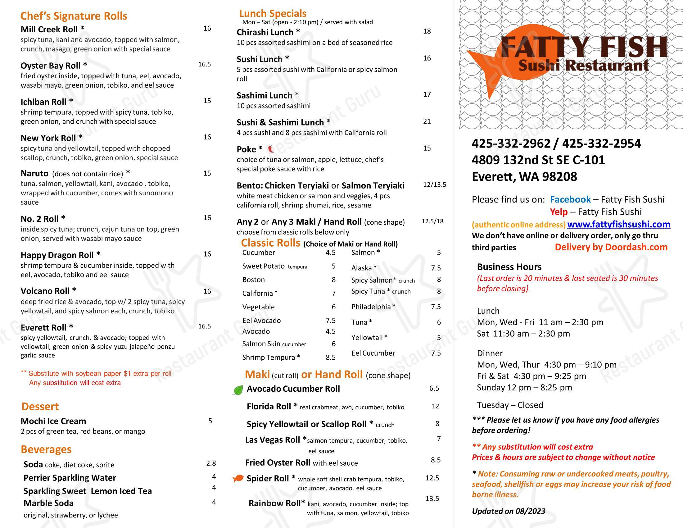 Menu at Fatty Fish Sushi Restaurant, Everett