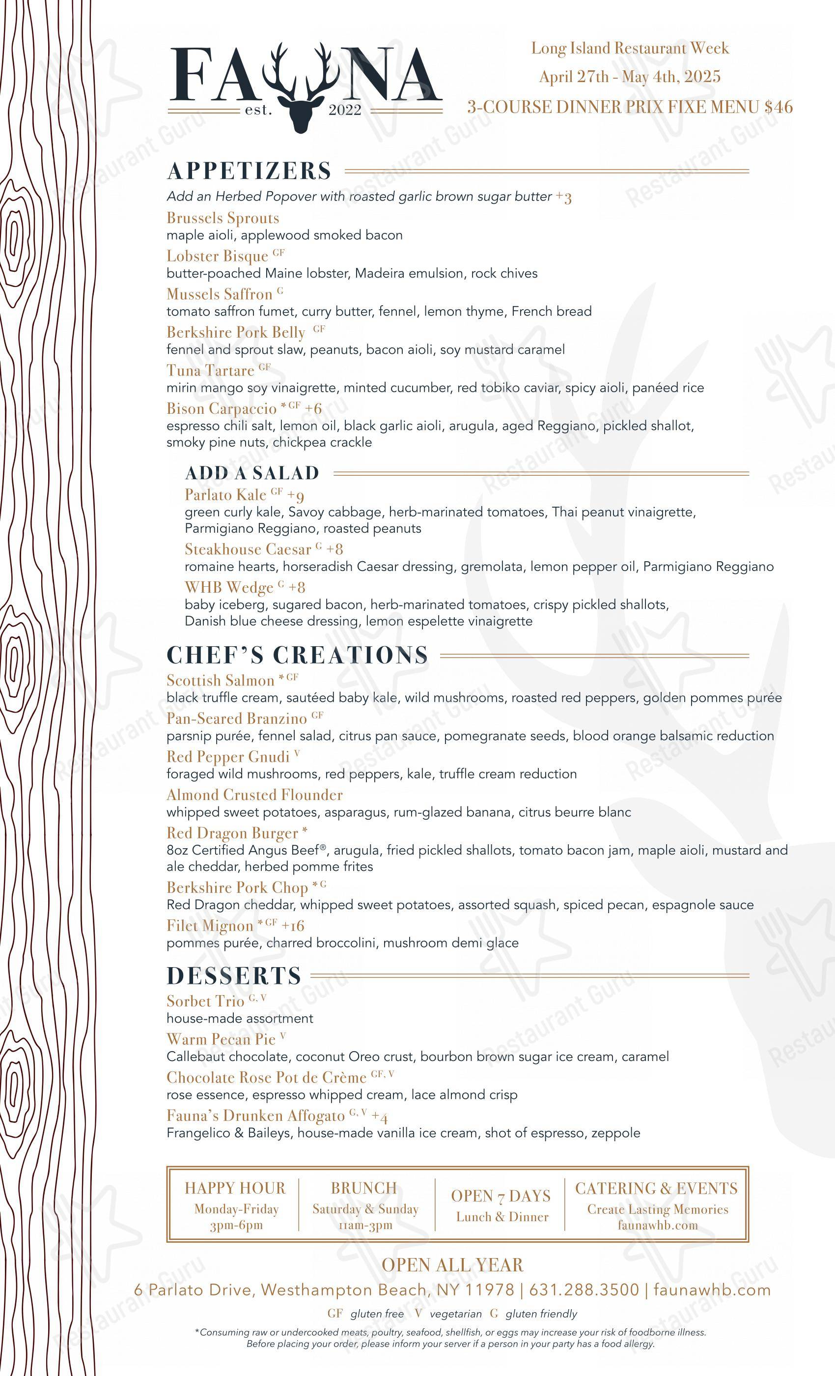 Menu at Fauna pub & bar, Westhampton Beach