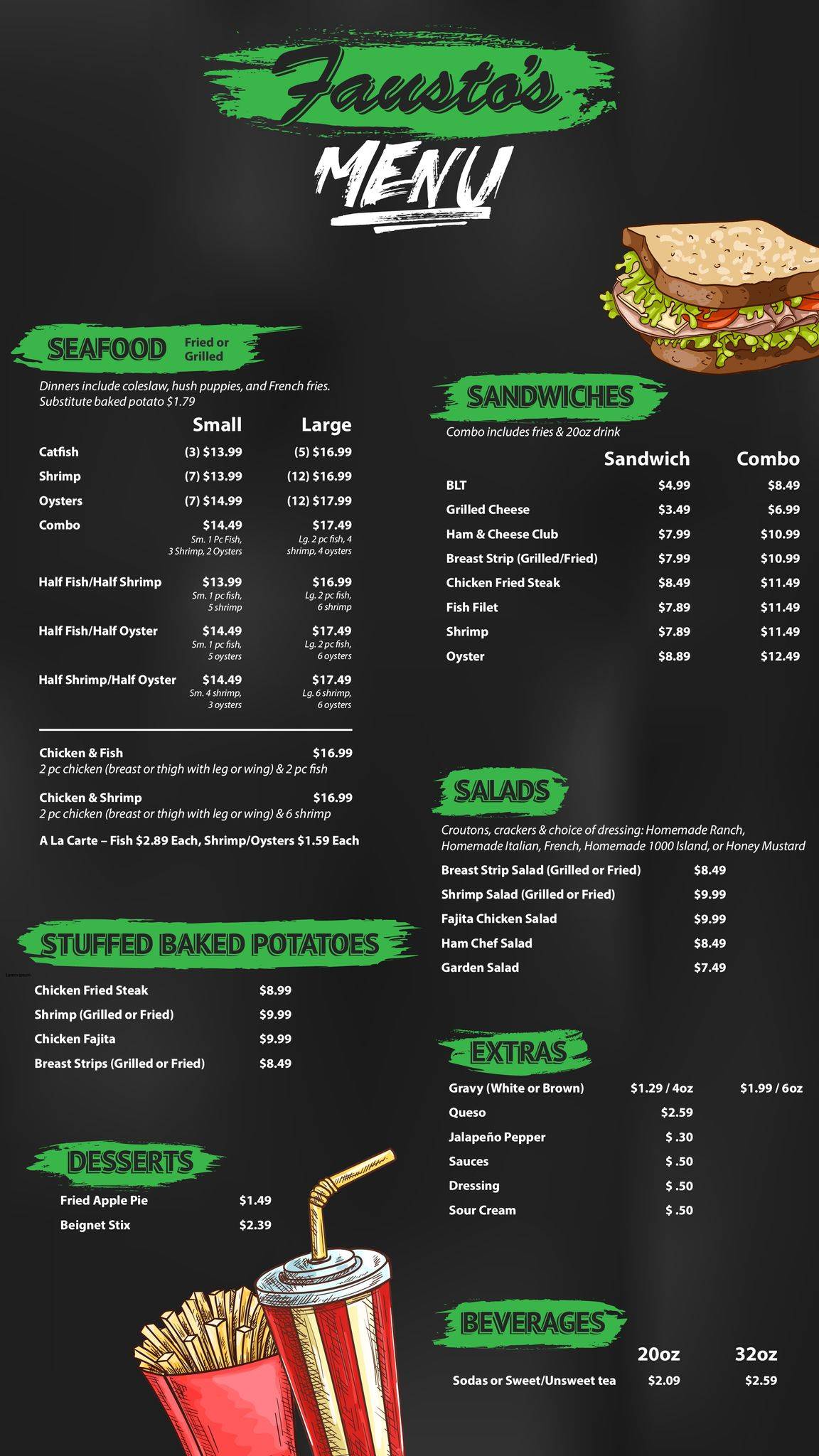 Menu at Fausto's Fried Chicken restaurant, Buna, US-96