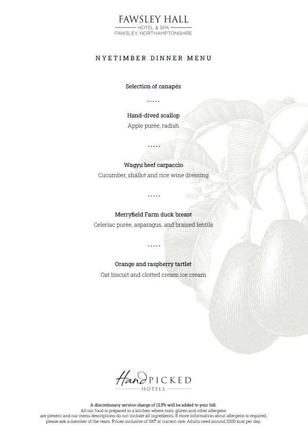 Menu at Fawsley Hall Hotel & Spa restaurant, Fawsley