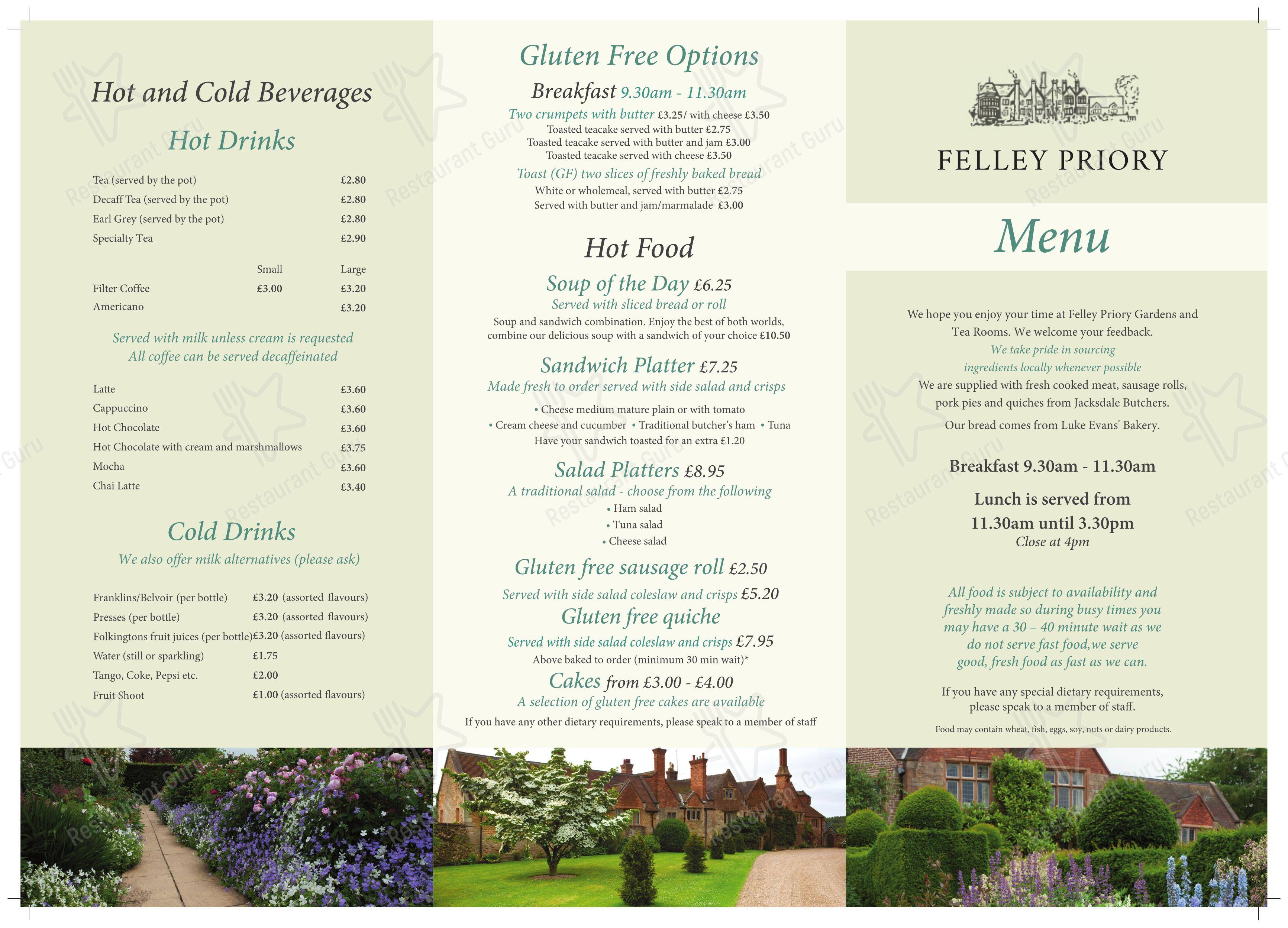 Menu at Felley Priory Gardens cafe, Underwood