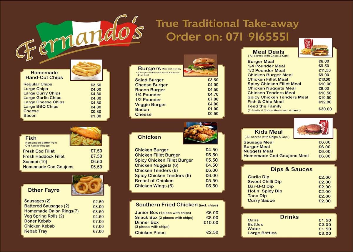 Menu at Fernando's restaurant, Riverstown