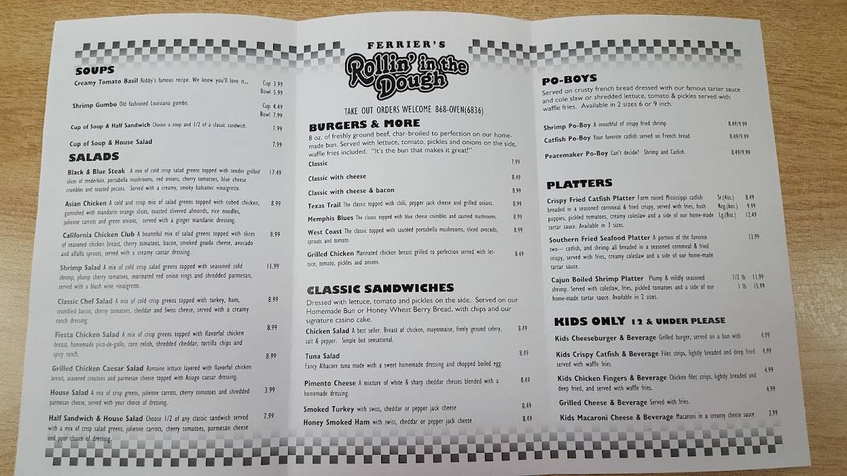 Menu at Ferrier's Rollin' In the Dough restaurant, Shreveport