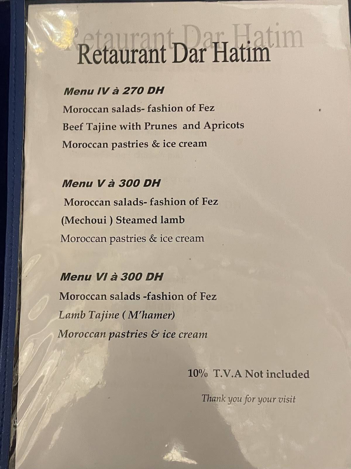 Menu at Restaurant Dar Hatim, Fes