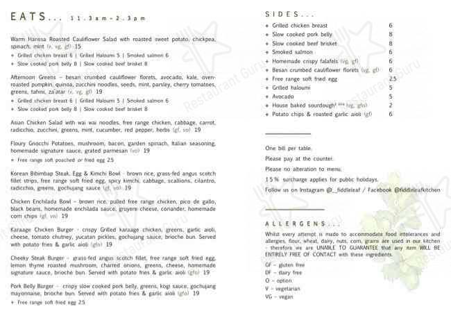 Menu at Fiddle Leaf cafe, Bulimba