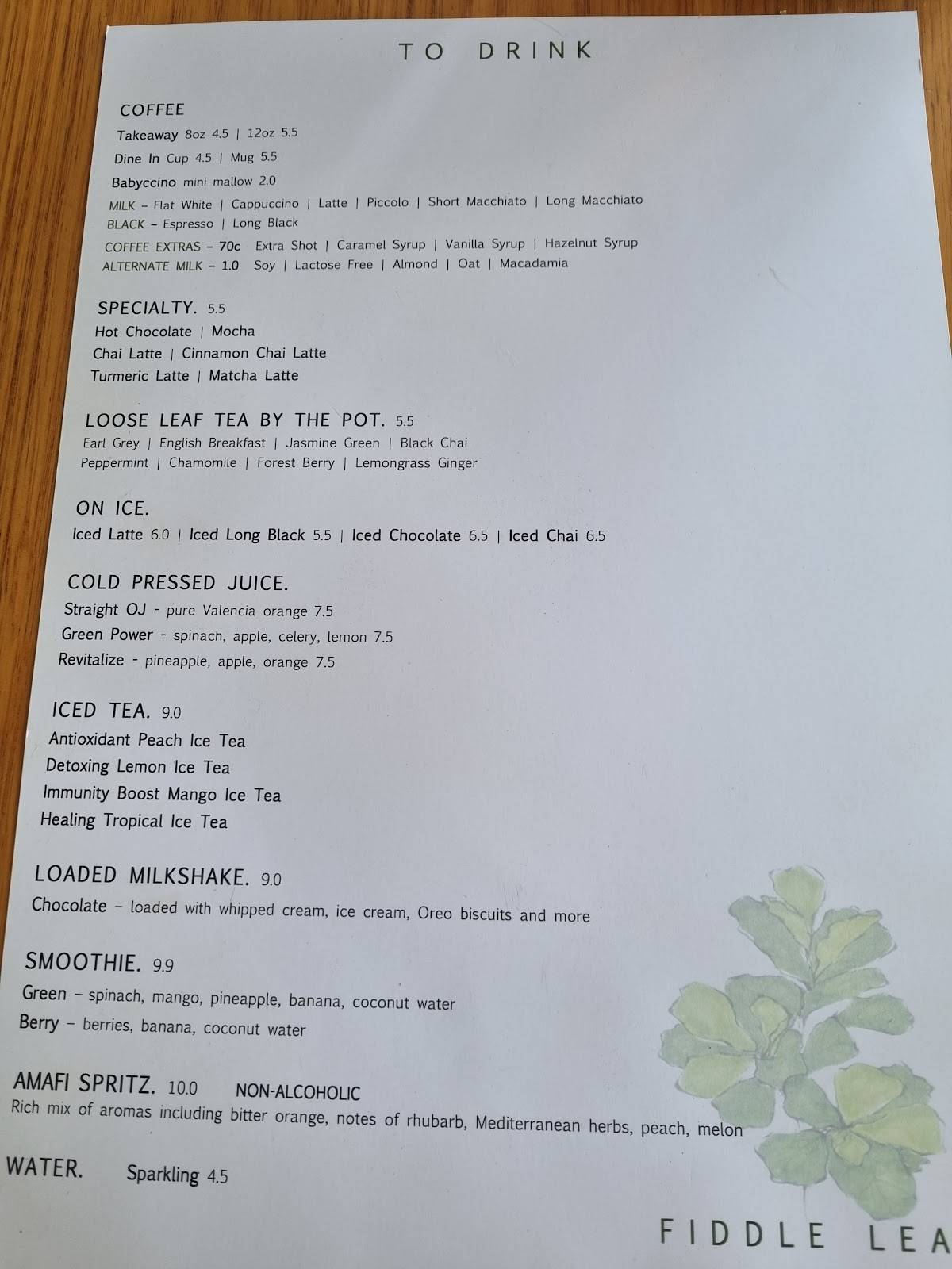 Menu at Fiddle Leaf cafe, Bulimba