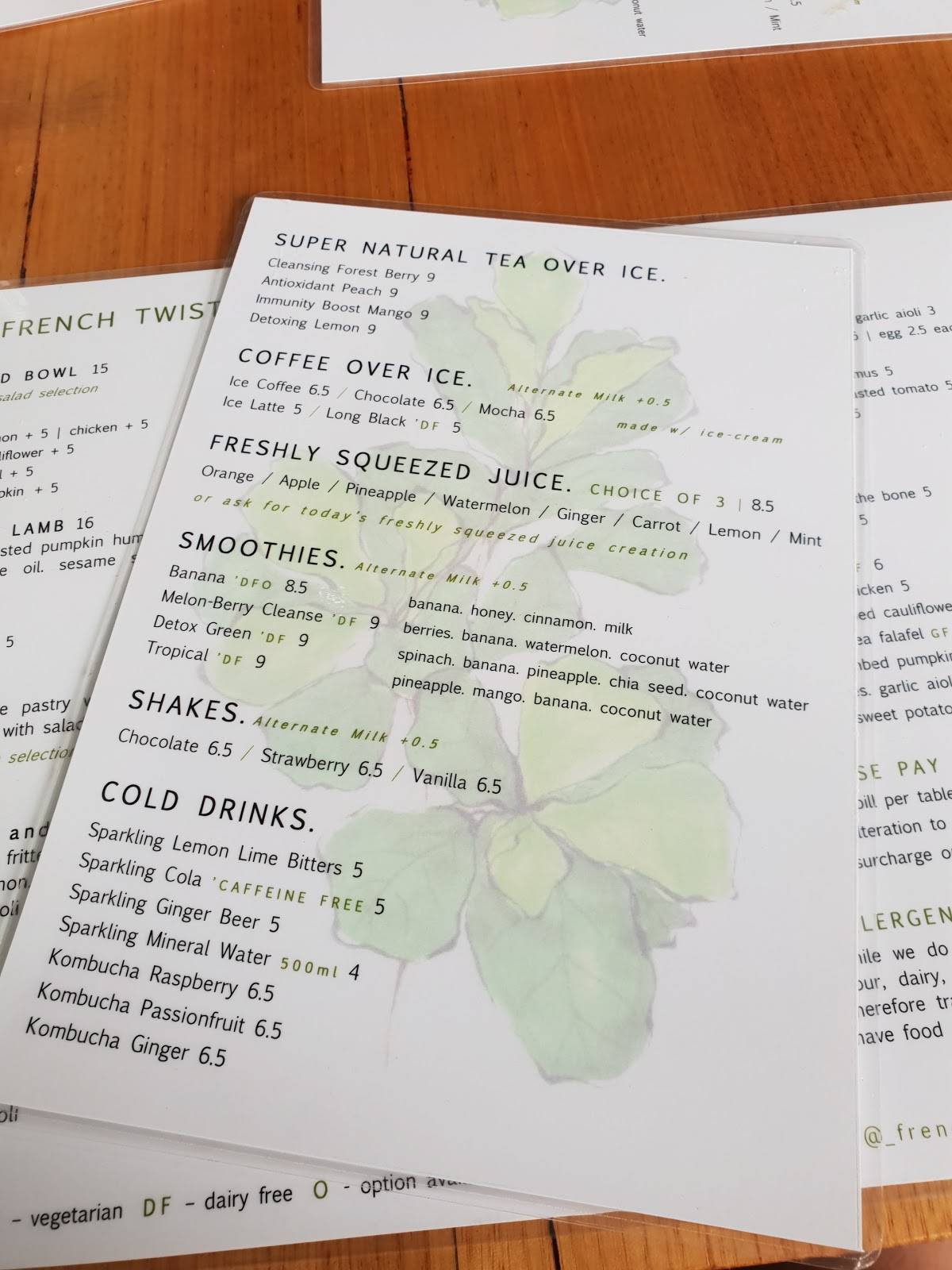 Menu at Fiddle Leaf cafe, Bulimba