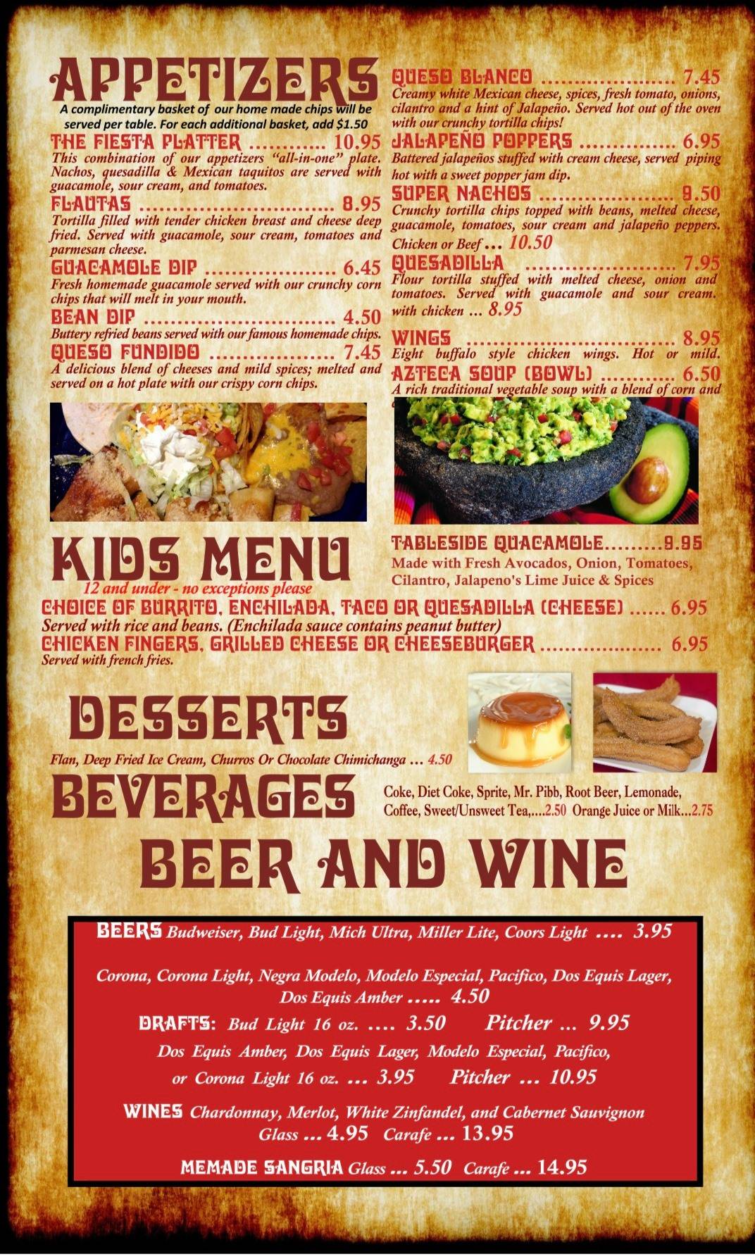Menu at Fiesta Azteca of Suntree restaurant, Melbourne, 6765 N Wickham ...