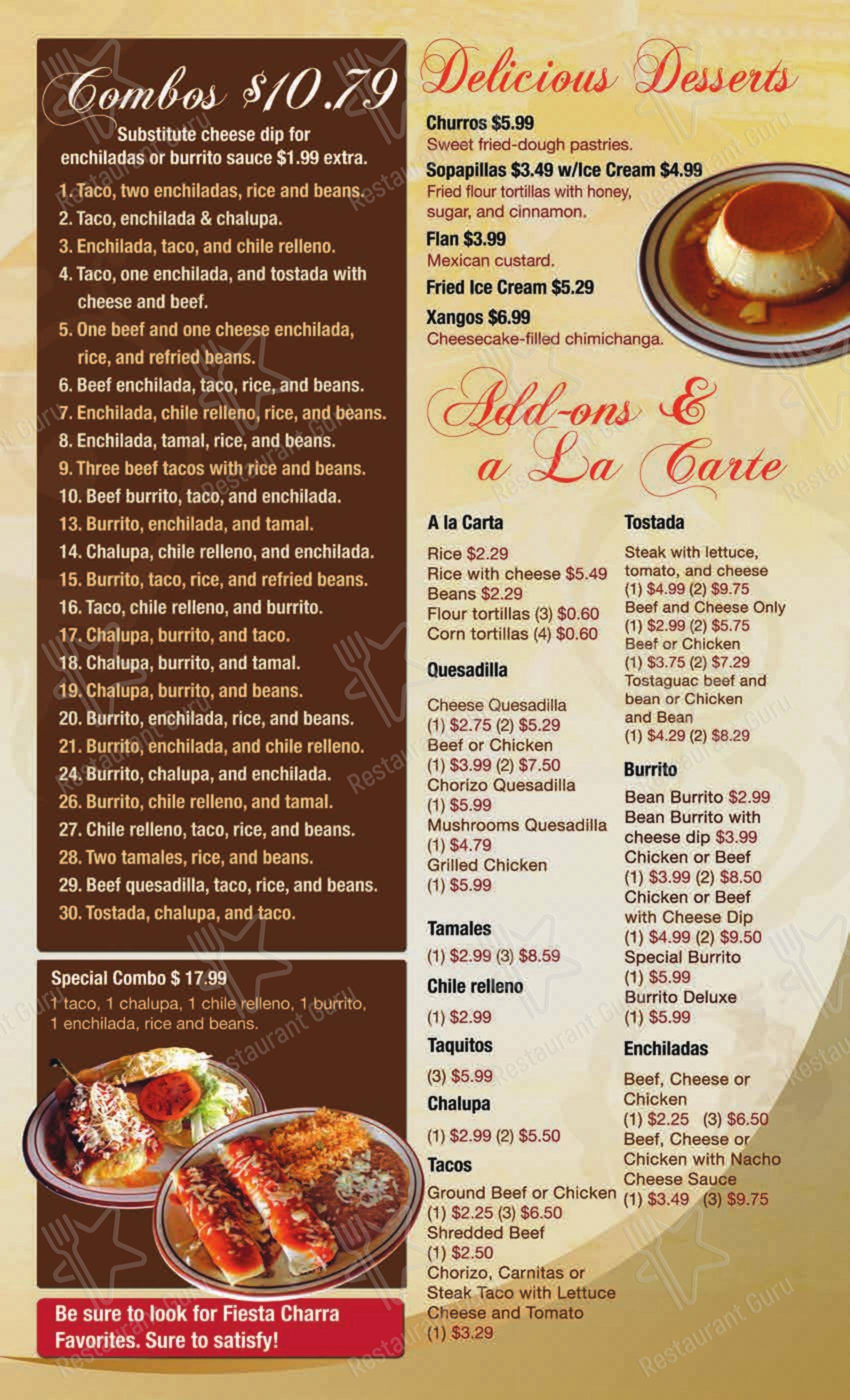 Menu at Fiesta Charra Mexican Restaurant, DeWitt, Schavey Rd