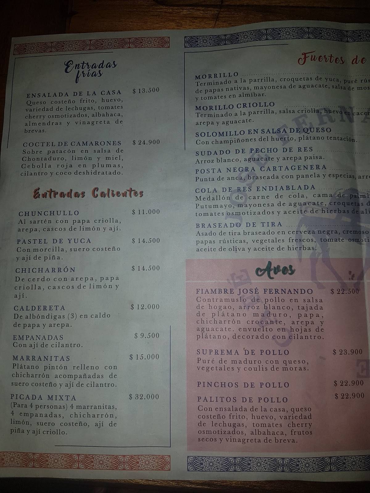 Carta de Restaurante José Fernando, Filandia