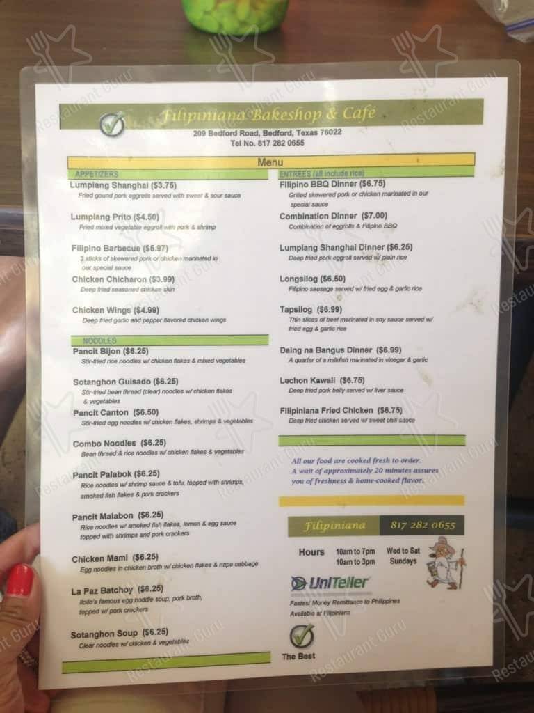 Menu at Filipino Restaurant & Bake Shop, Bedford