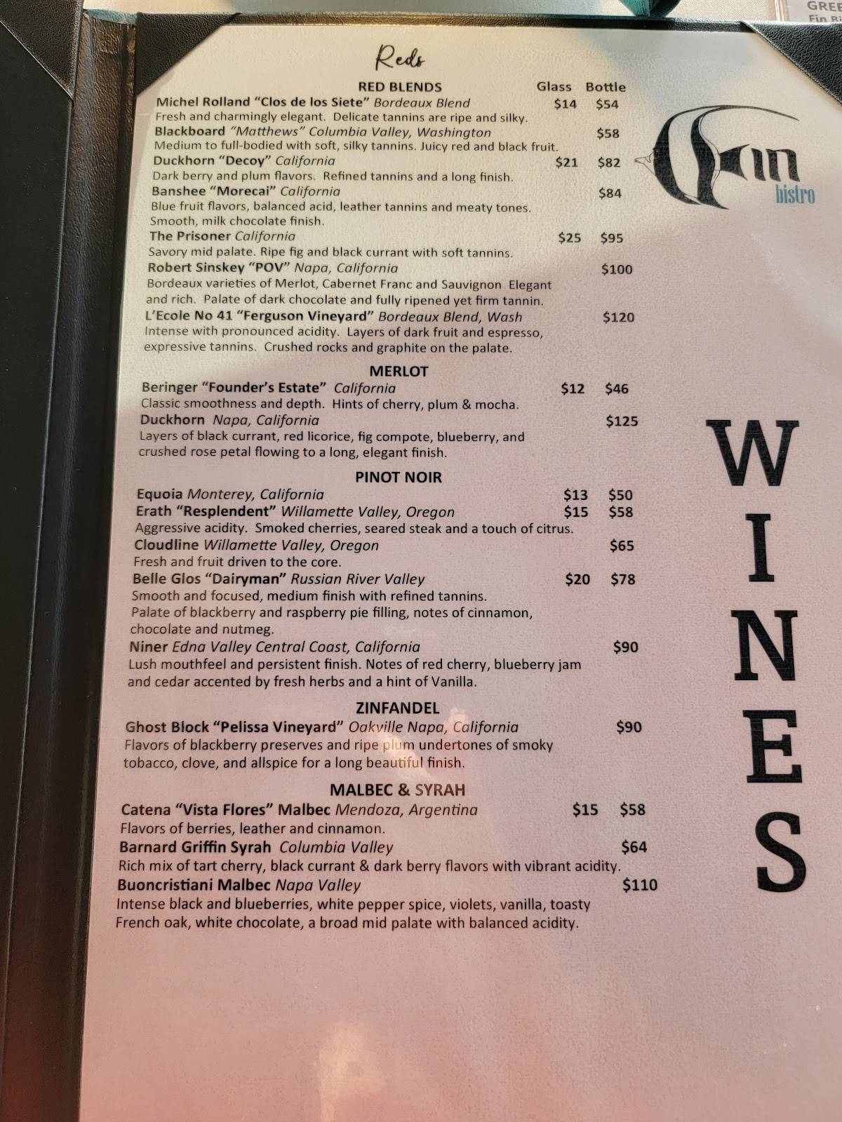 Menu at Fin Bistro restaurant, Marco Island, 657 S Collier Blvd