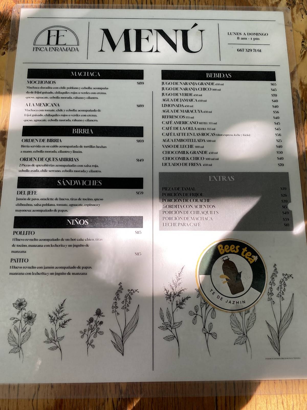 Menu at Finca Enramada restaurant, Culiacán
