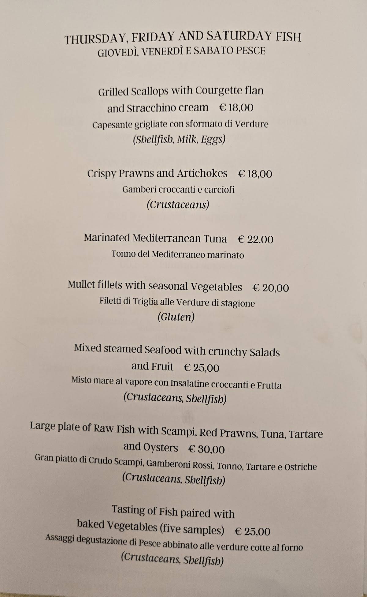 Menu da Ristorante Fiorenza, Firenze, Via Reginaldo Giuliani