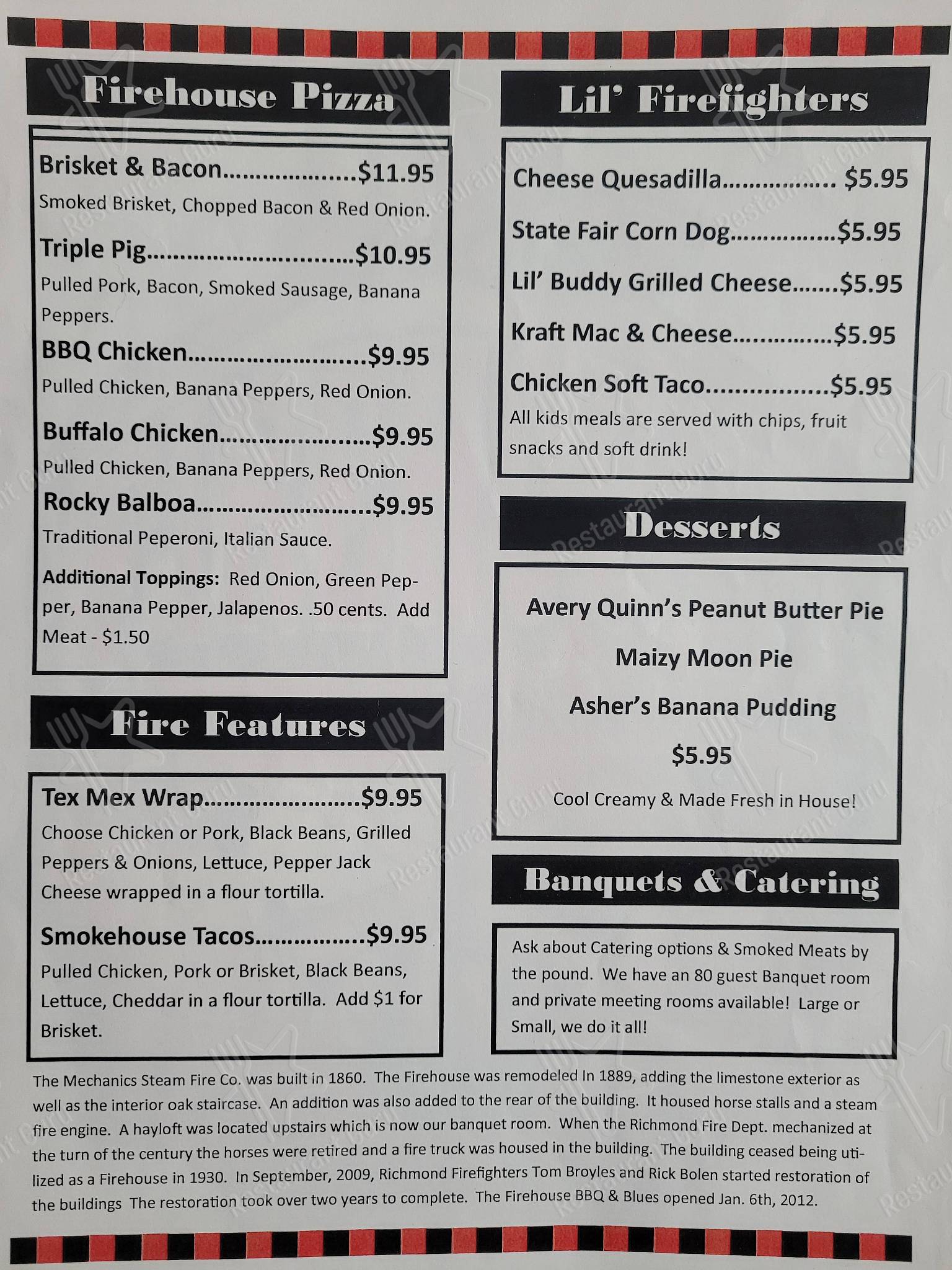 Menu at Firehouse BBQ and Blues, Richmond