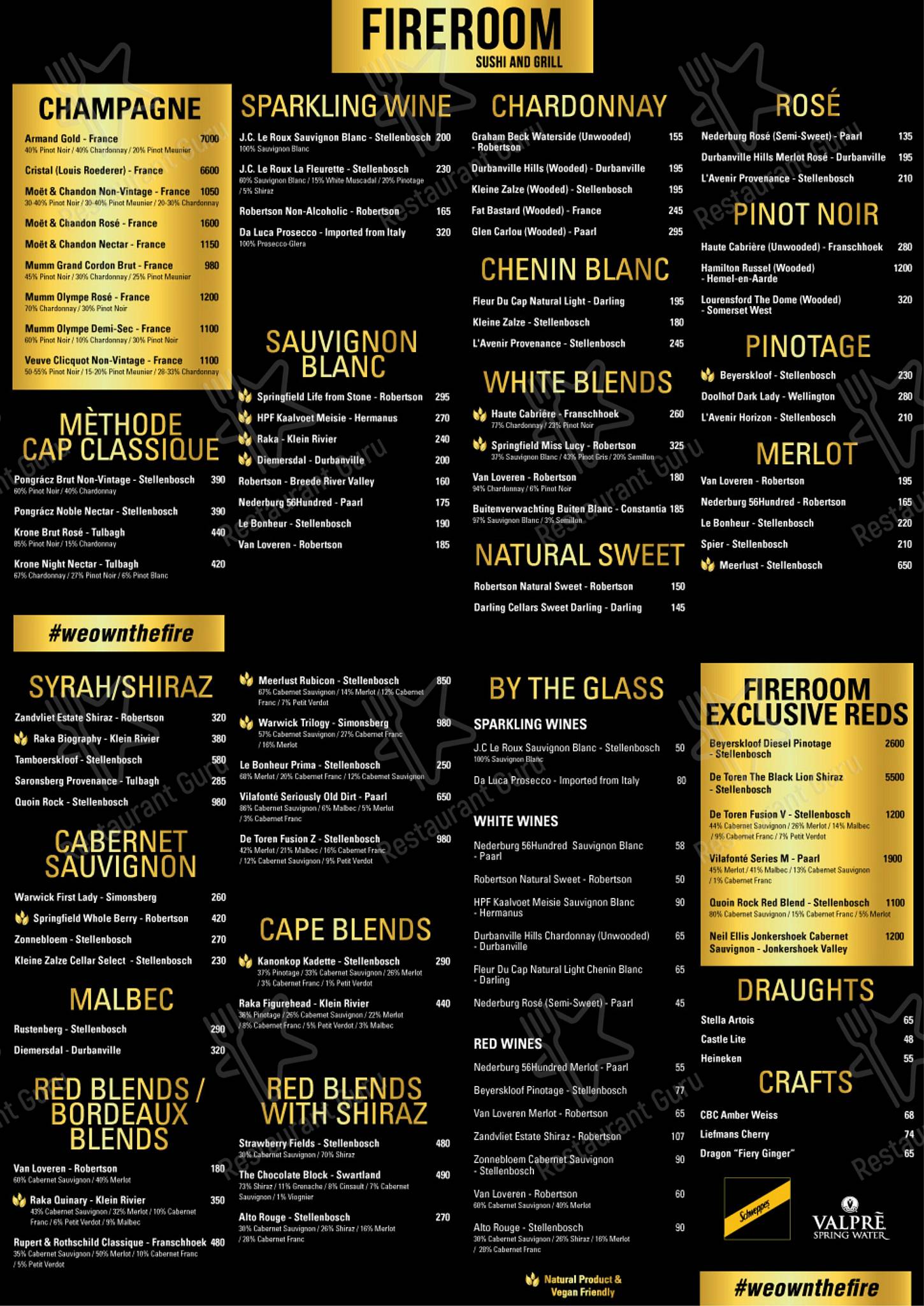 Menu at Fireroom Zimbali restaurant, Dolphin Coast