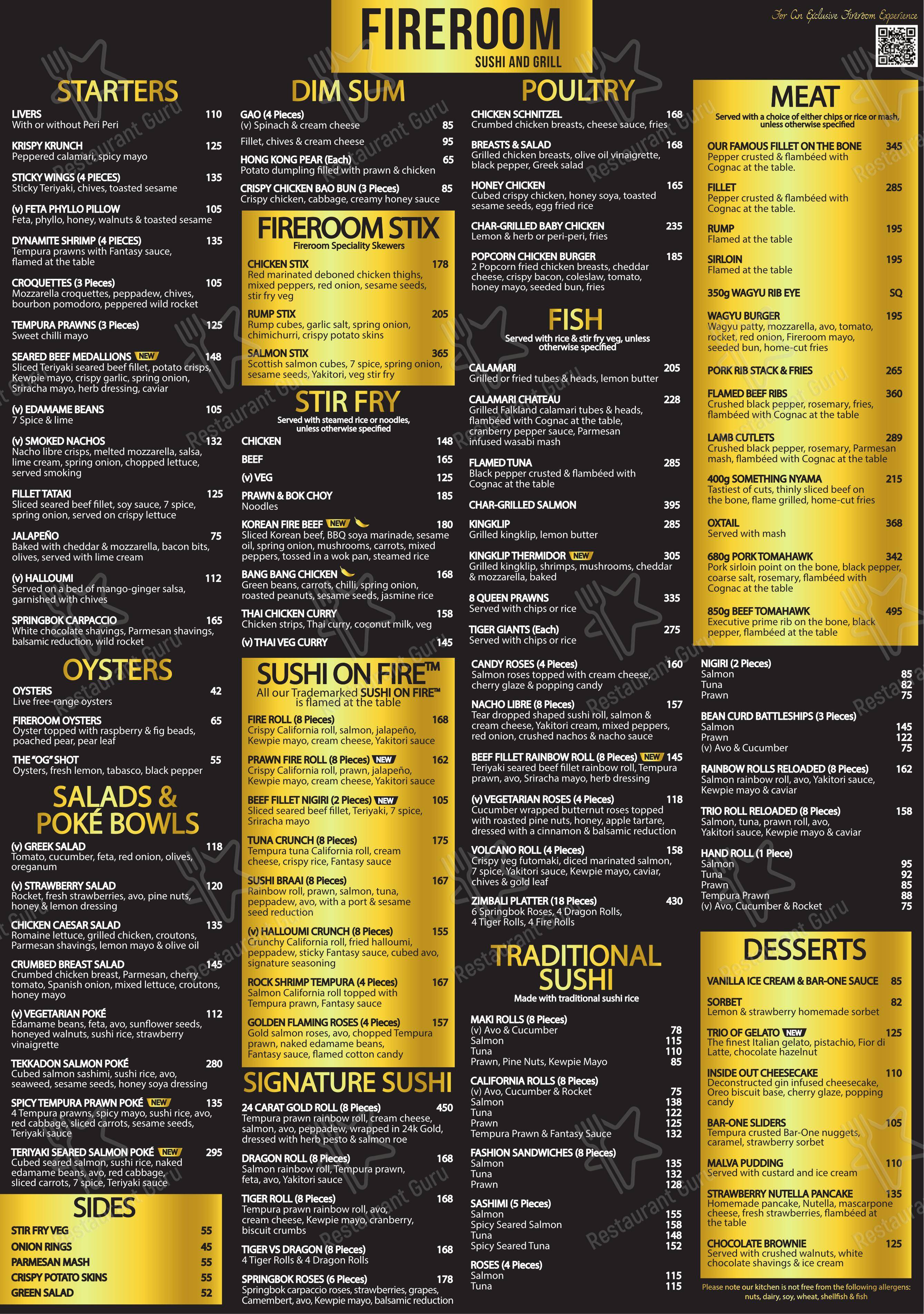 Menu at Fireroom Zimbali restaurant, Dolphin Coast