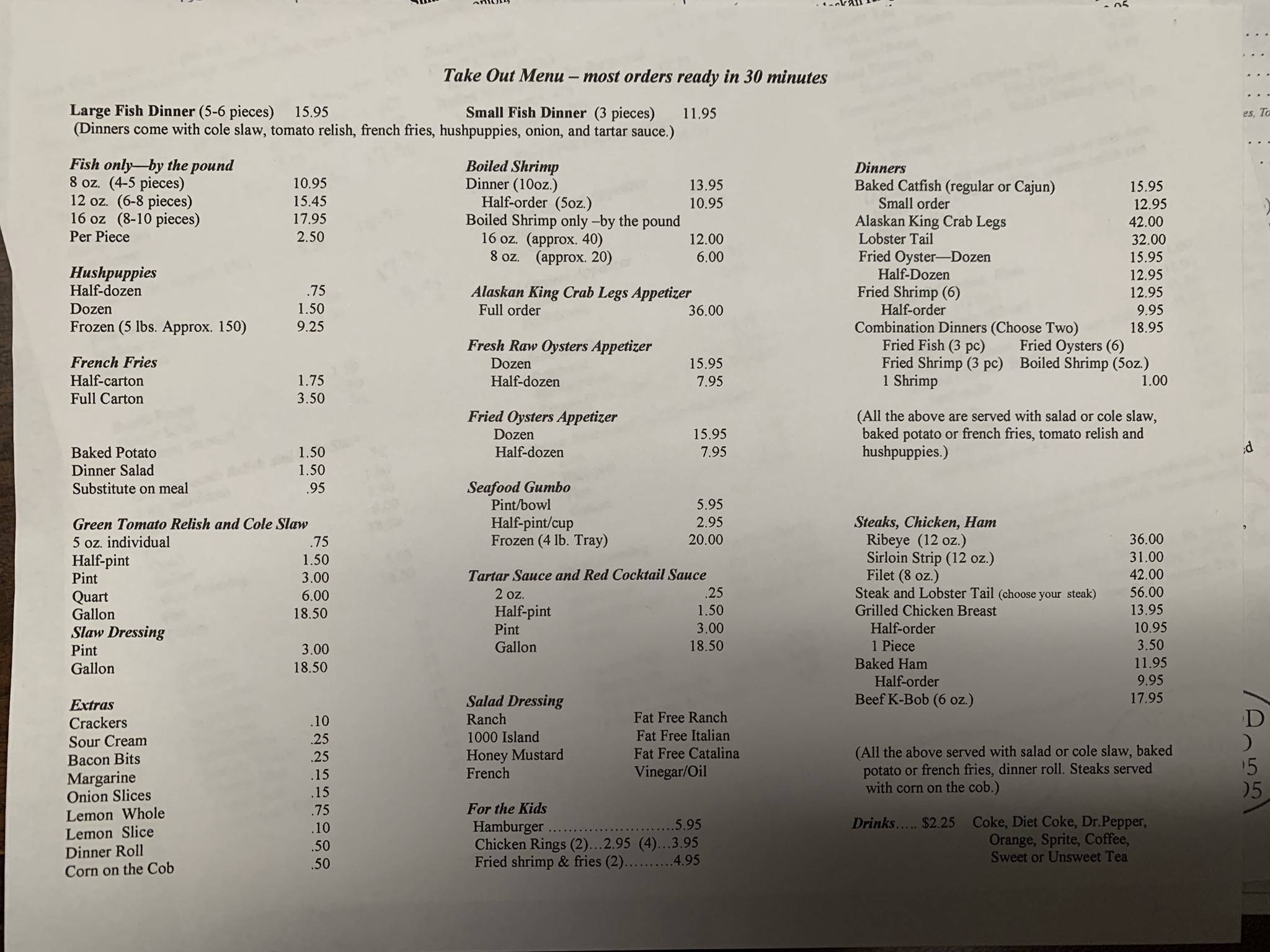 Menu at Fish Fry restaurant, Paris