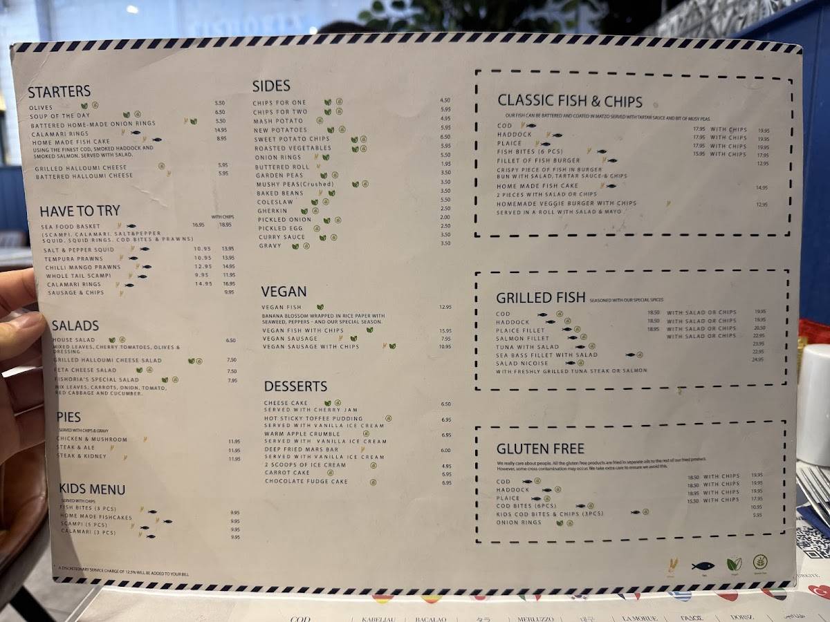 Menu at Fishoria Fish and Chips restaurant, London, 52-54 New Oxford St