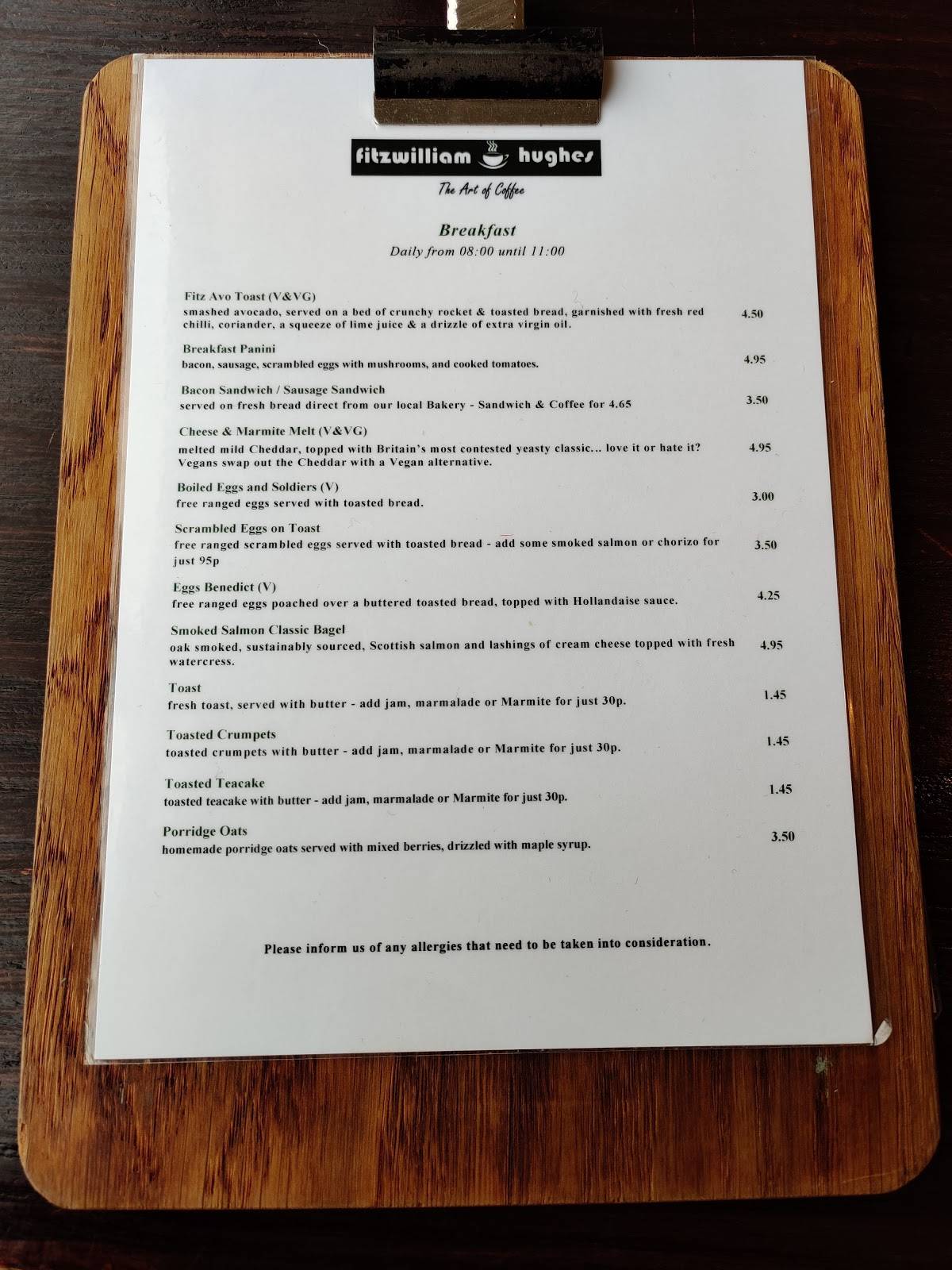 Menu at Fitzwilliam & Hughes cafe, Rotherham, High St