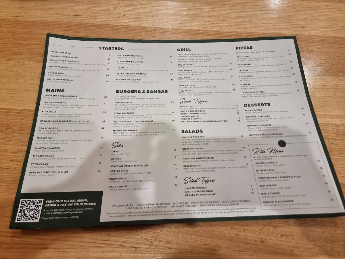 Menu at Fitzys Loganholme pub & bar, Loganholme