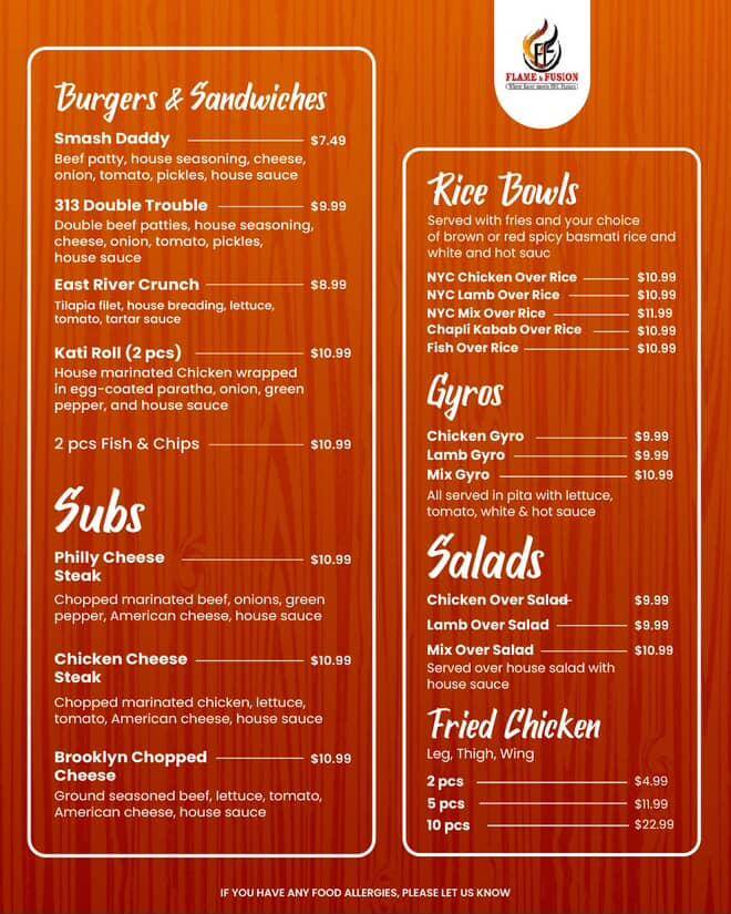 Menu at Flame & Fusion restaurant, Warren